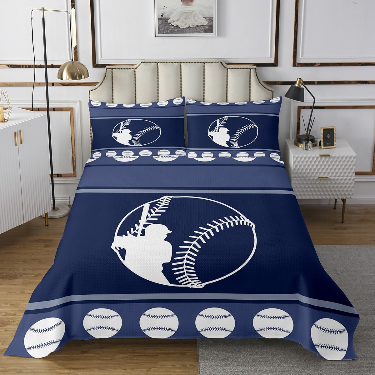 Baseball Quilt Set Twin Size,Navy Blue White Sports Bedding Sets Room ...
