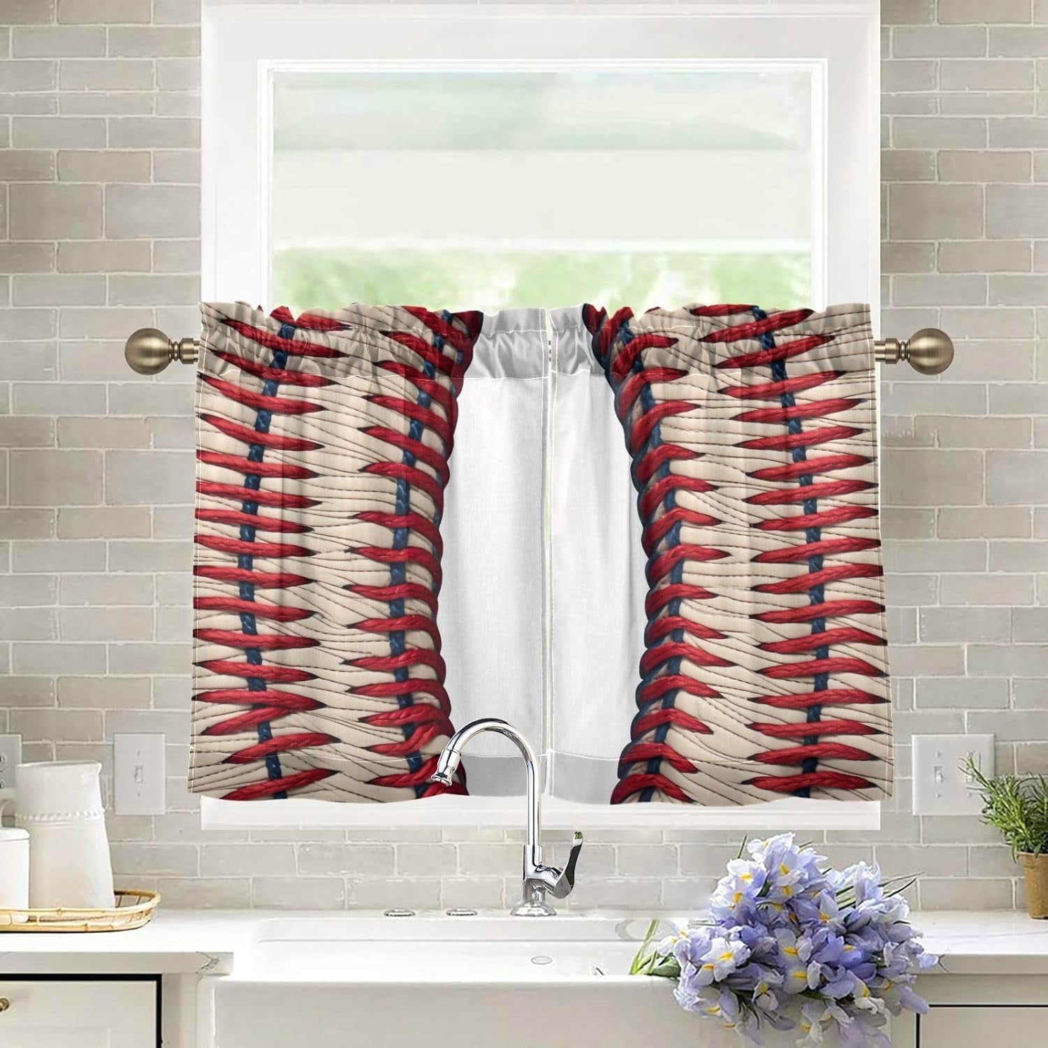 Baseball Red Stripe Half Window Tier Curtains 36 Inch Blackout Thermal ...