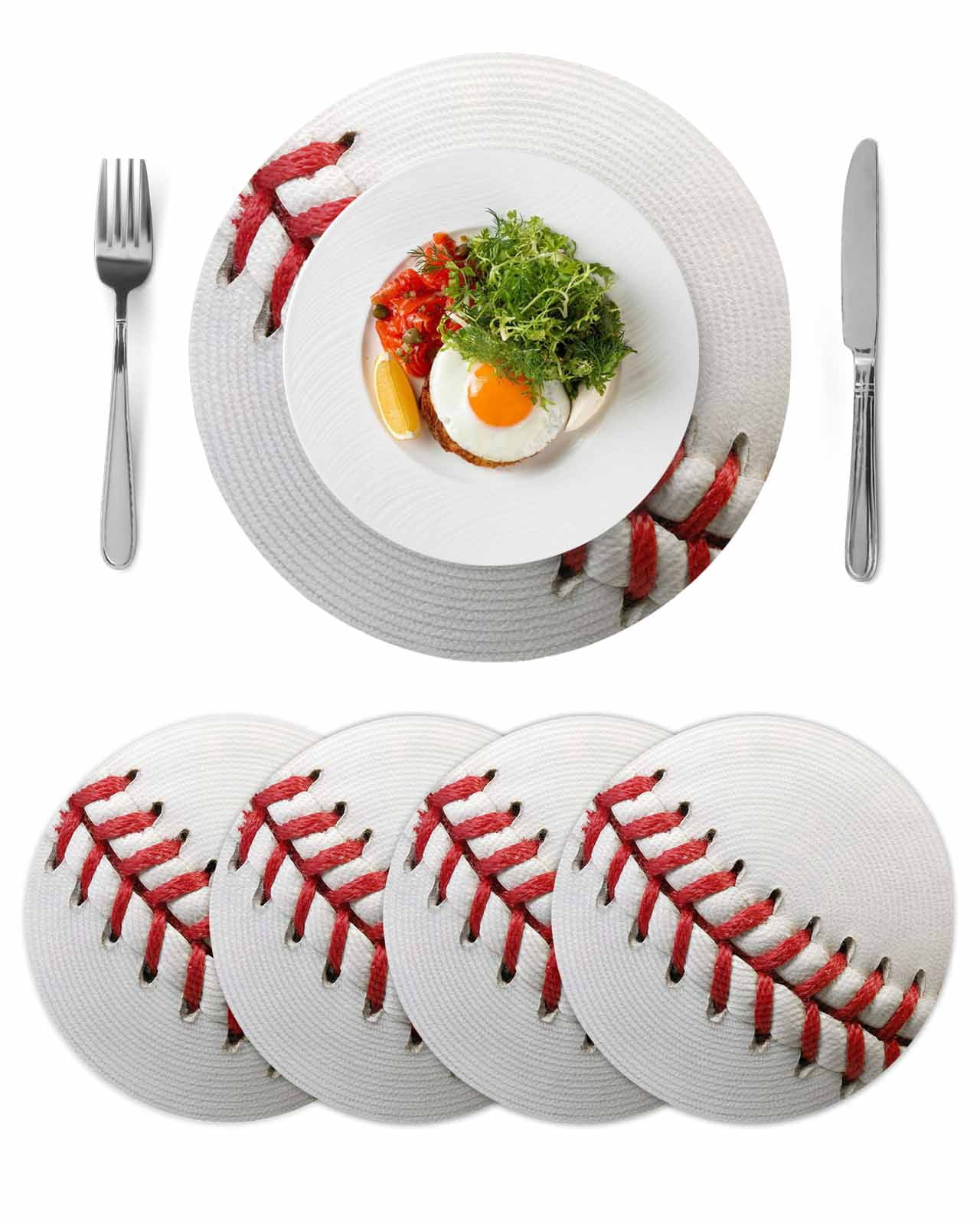 Baseball Round 15 Inch Placemats Set of 4, Red White Texture Sports ...
