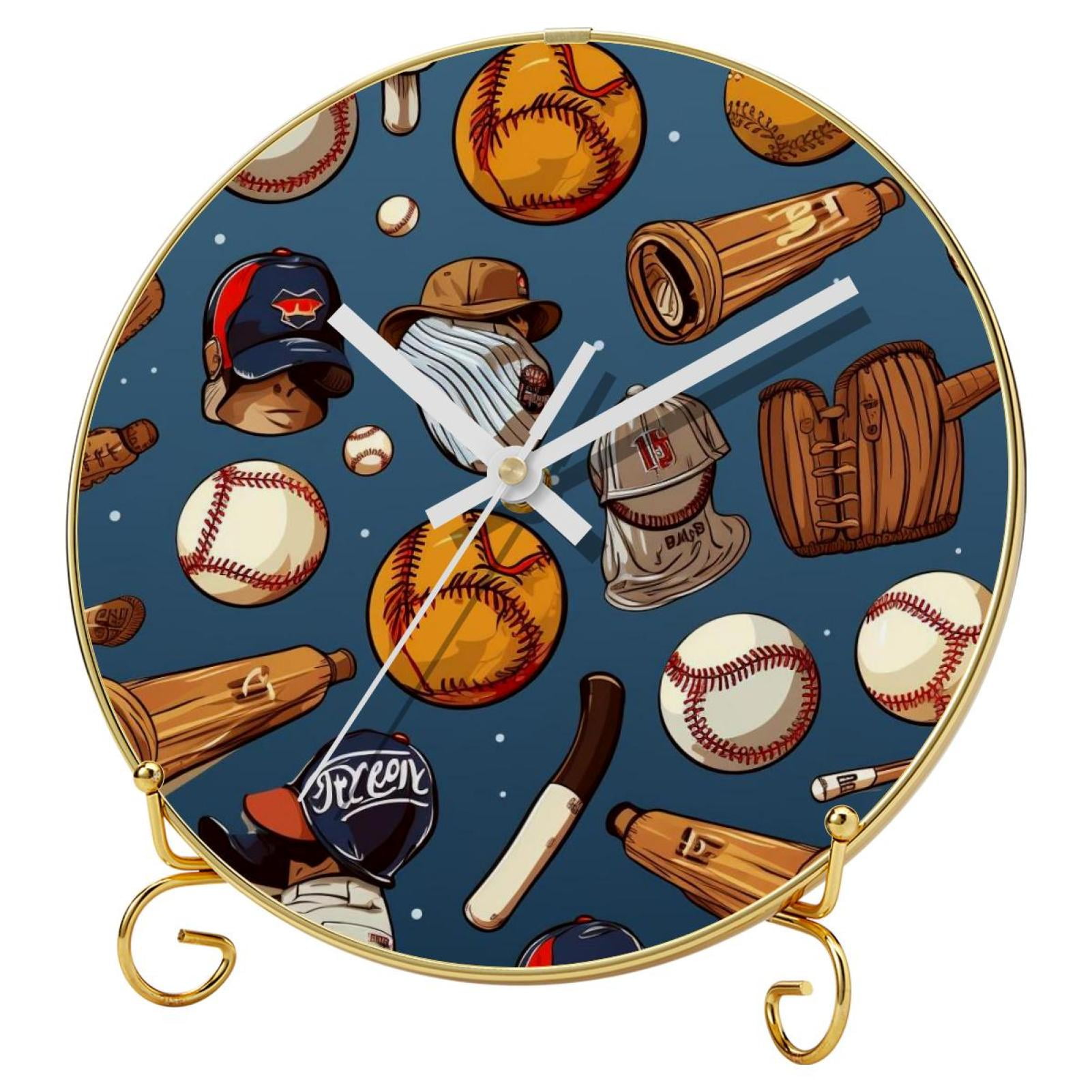 Baseball Round Printed Wall Clocks with Hooks and Gold Stand, Silent ...
