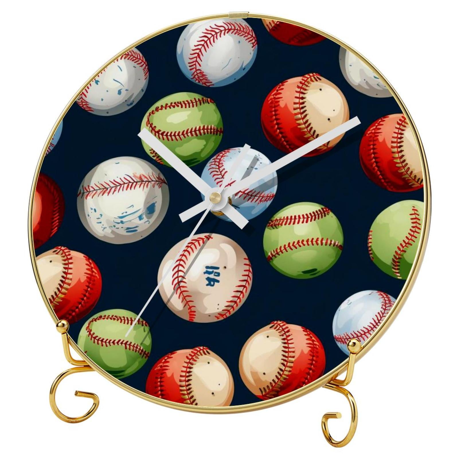 Baseball Round Printed Wall Clocks with Hooks and Gold Stand - Silent ...