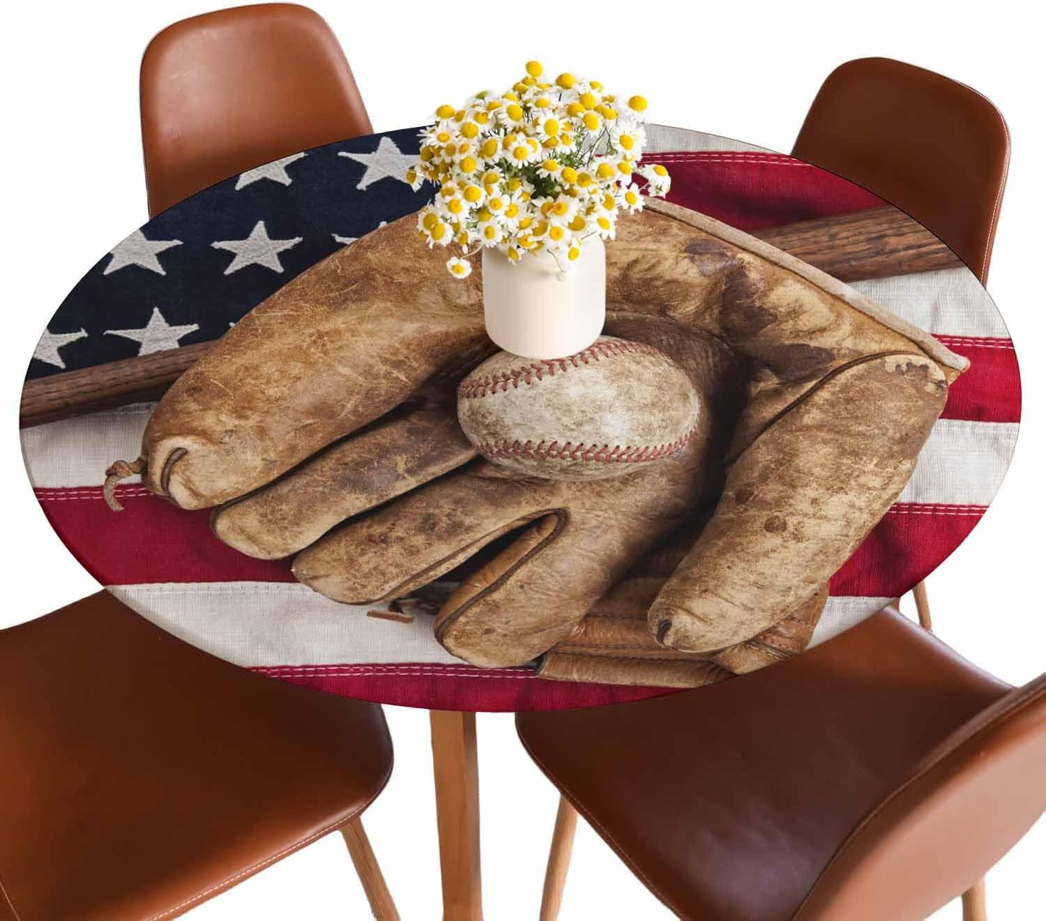 Baseball Round Table Cloth Cover American Flag Vintage Baseball Bat ...