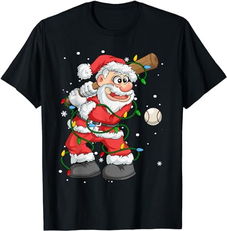 Baseball Santa Claus Christmas Tree Lights Pajama Boys Men T-Shirt ...