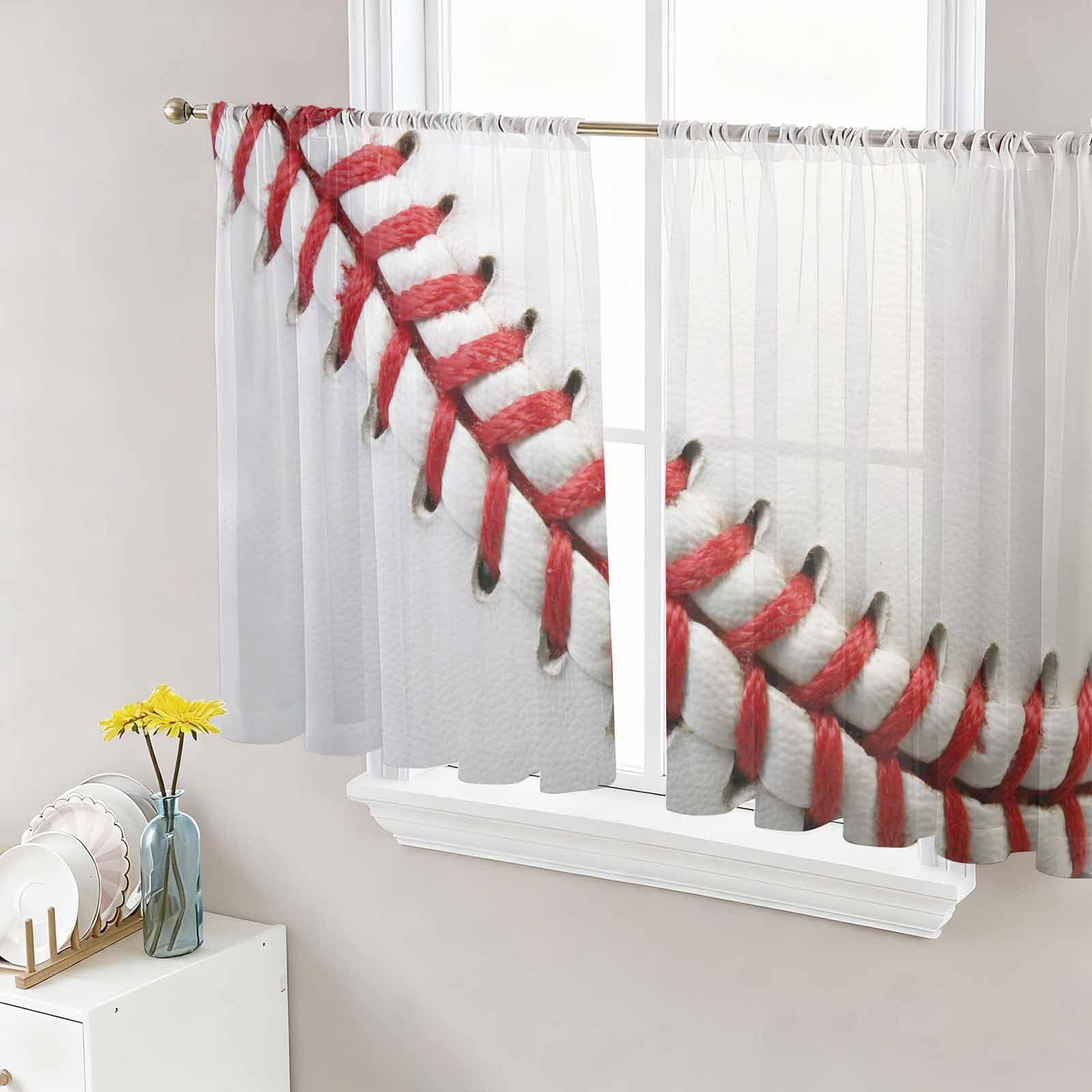 Baseball Semi Sheer Curtains 54 Inch Length 2 Panels Set, Red White ...