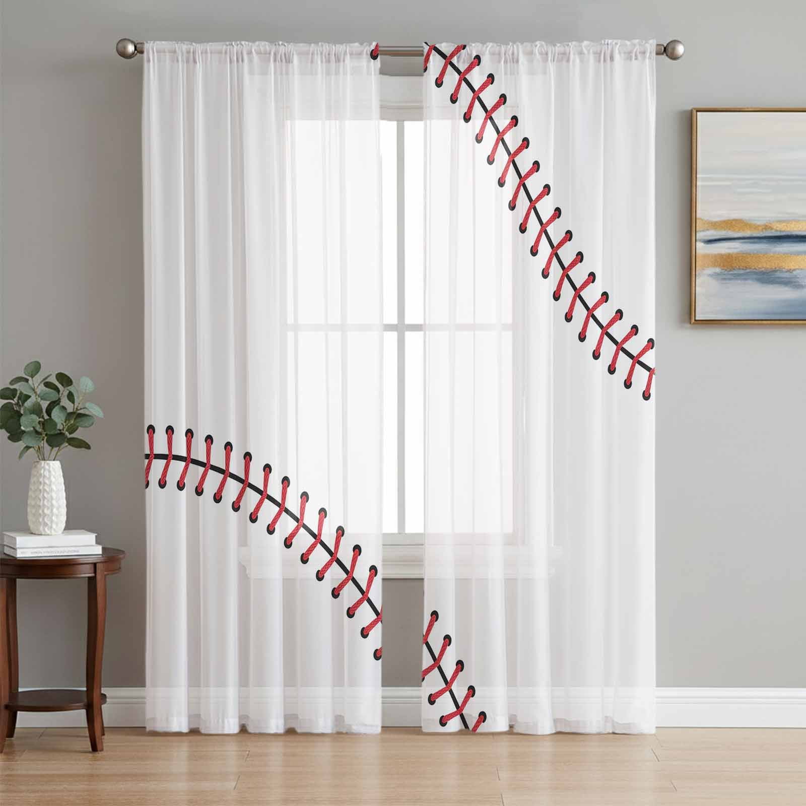 Baseball Semi Sheer Curtains 96 Inch Length 2 Panels Set, Modern ...