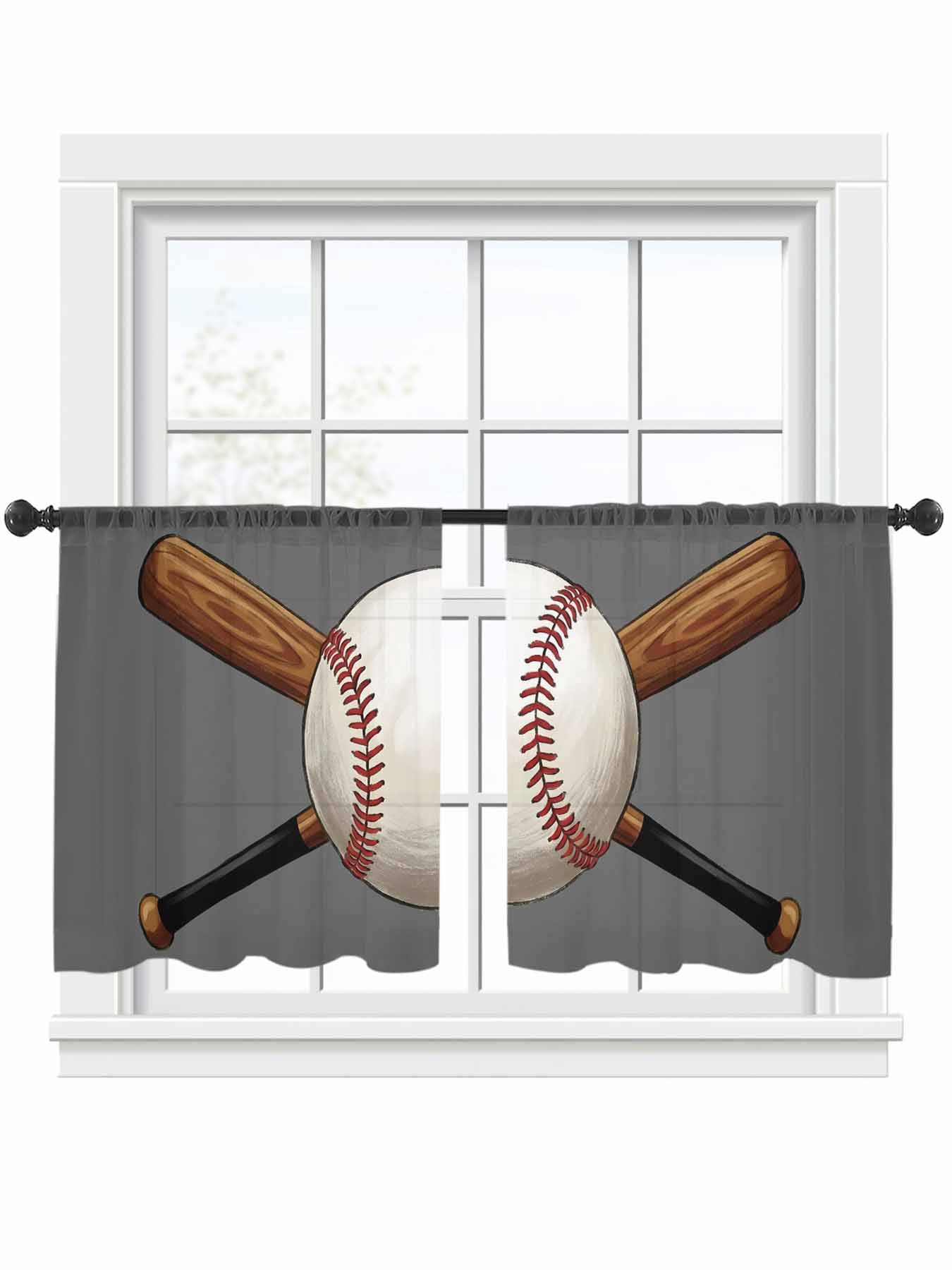 Baseball Sheer Curtains 2 Panels Set Sports Gray Background Cartoon ...