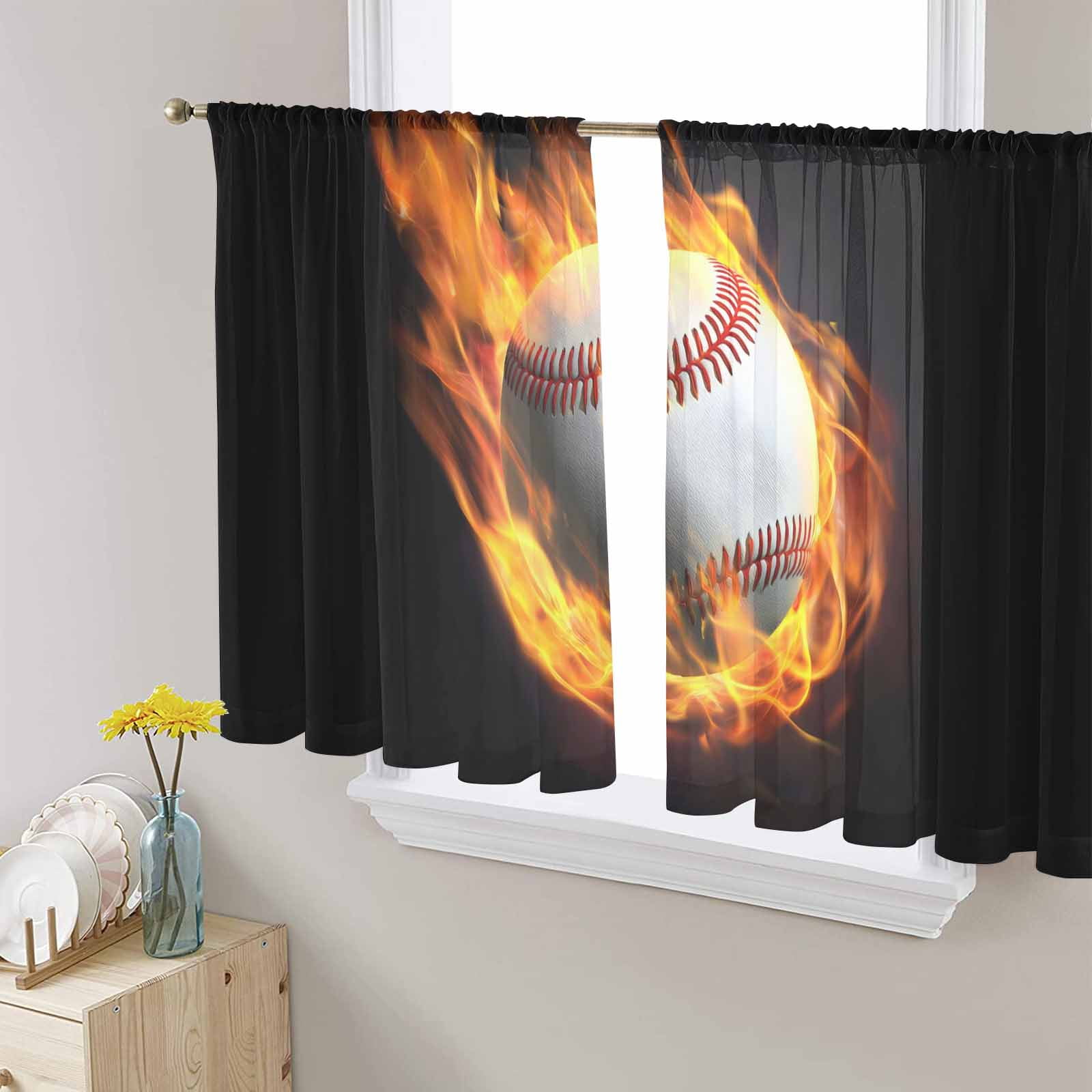 Baseball Sheer Curtains 45 Inch Length 2 Panels Set, Semi Transparent ...