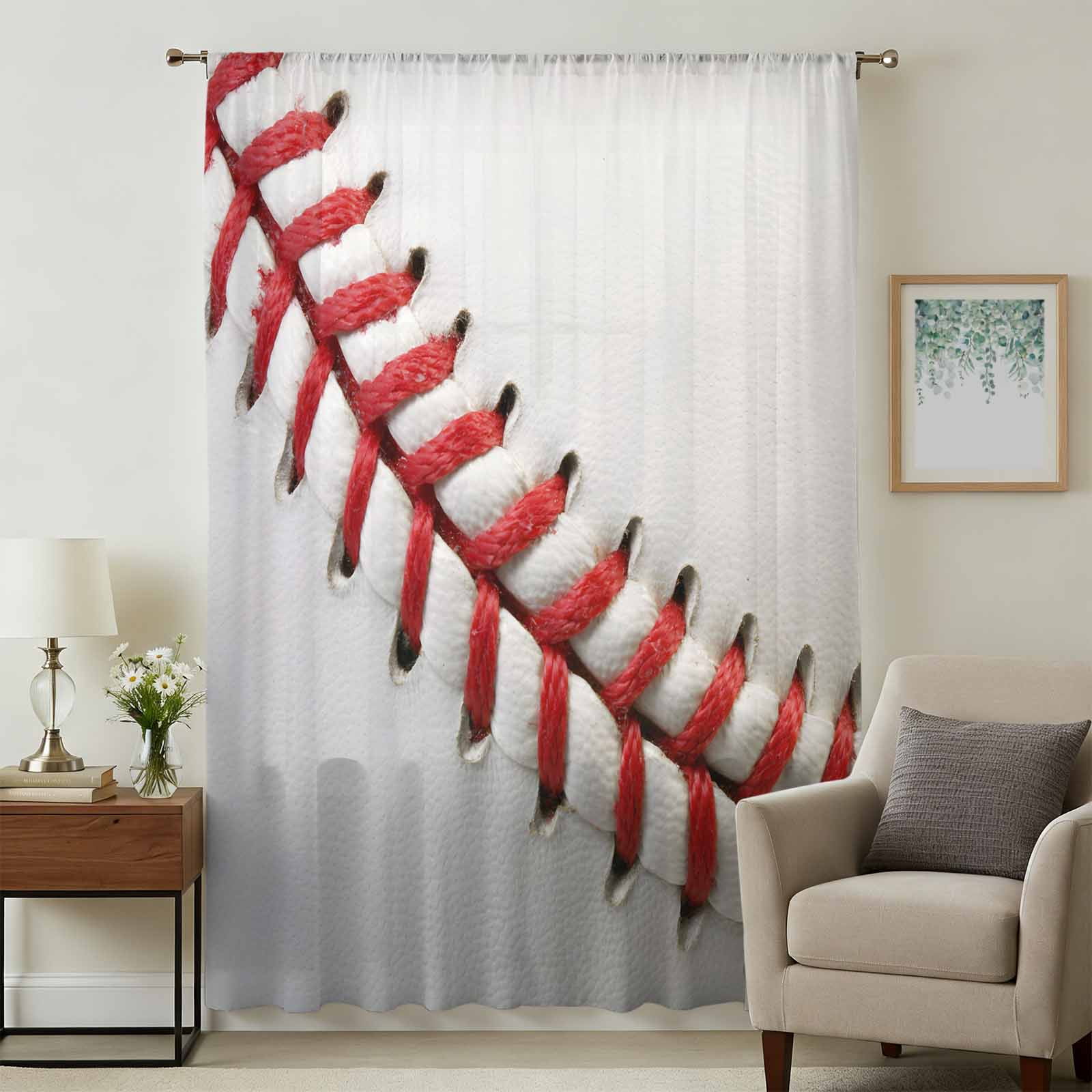 Baseball Sheer Curtains 45 Inches Long, Red White Texture Sports Ball ...
