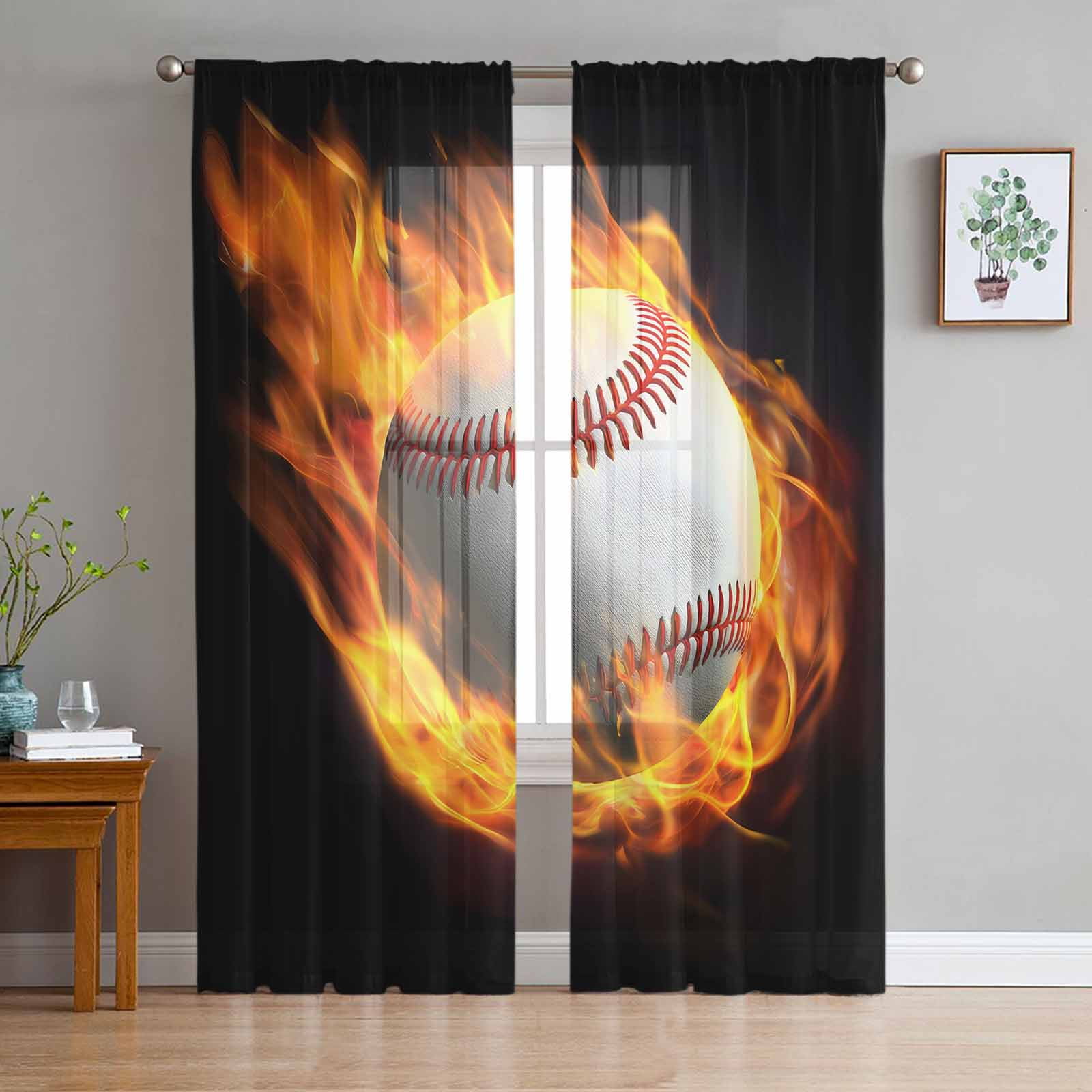 Baseball Sheer Curtains 63 Inch Length 2 Panels Set, Semi Transparent ...