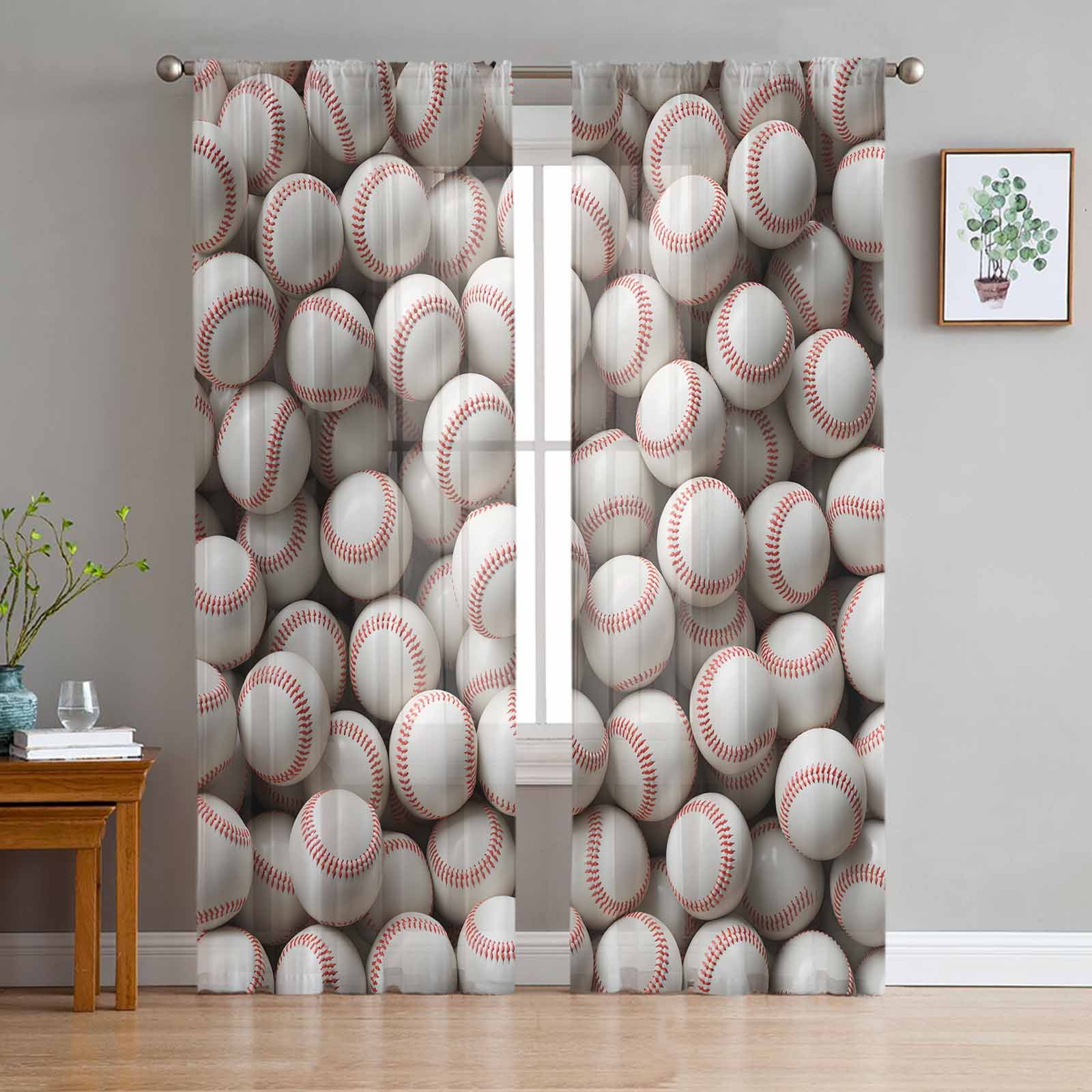 Baseball Sheer Curtains 63 Inch Length 2 Panels Set, Semi Transparent ...