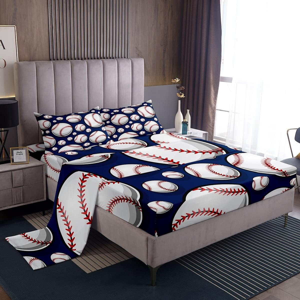 Baseball Sheet Set Sports Theme Bedding Set Teens 3D Blue Ball Pattern ...