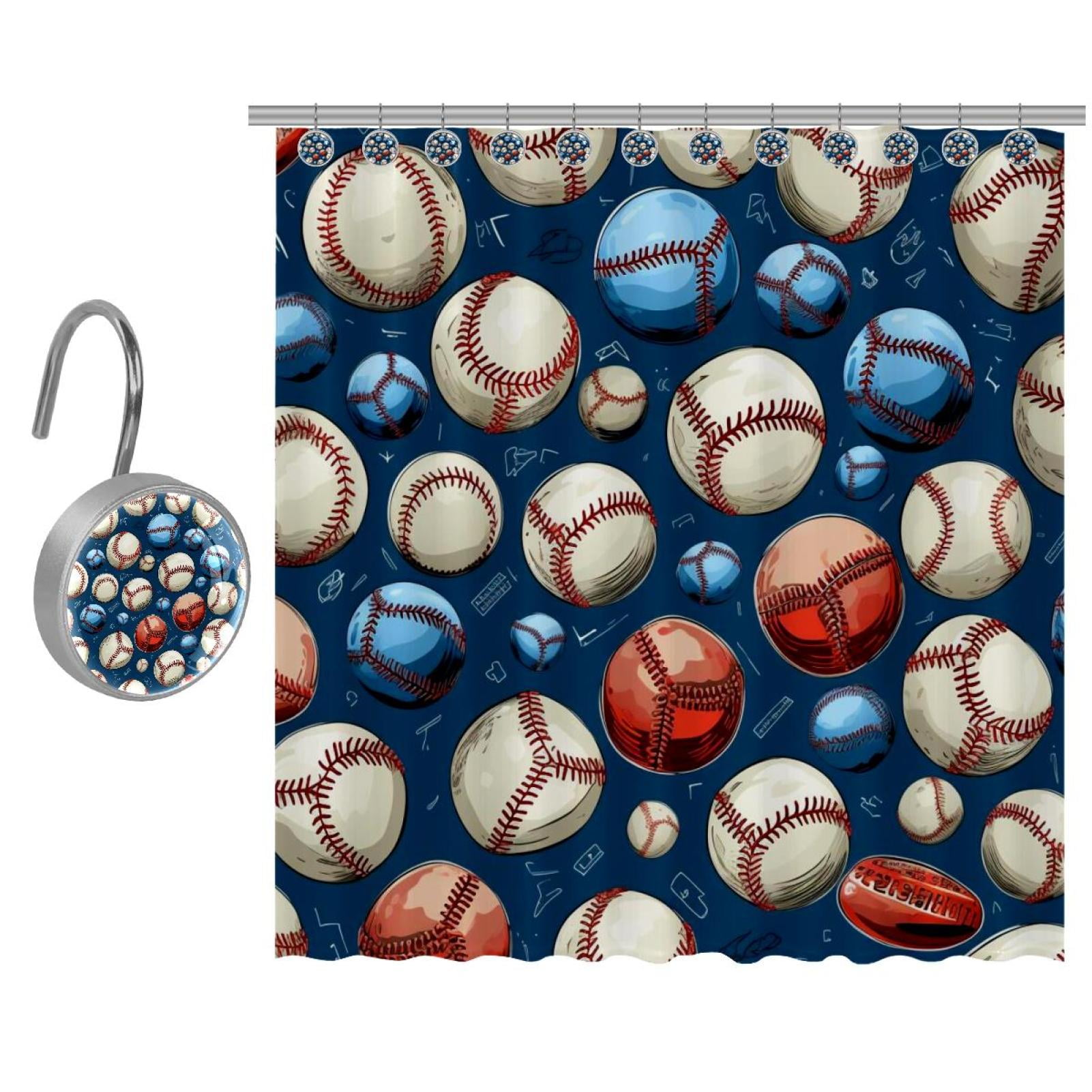 Baseball Shower Curtain, Cloth Fabric Bathroom Decor Set with Hooks ...