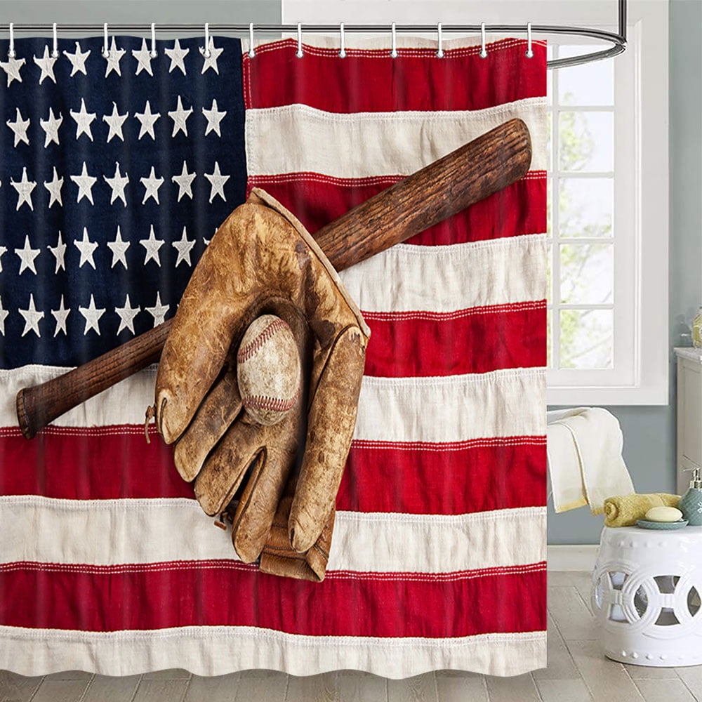 Baseball Shower Curtain, Vintage Baseball League Equipment USA Grunge ...