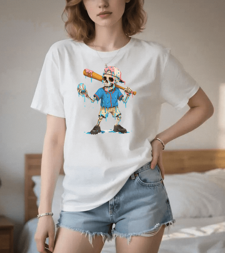 Baseball Skeleton Funny Ice Cream Drip Cartoon Humor Graphic Unisex T ...
