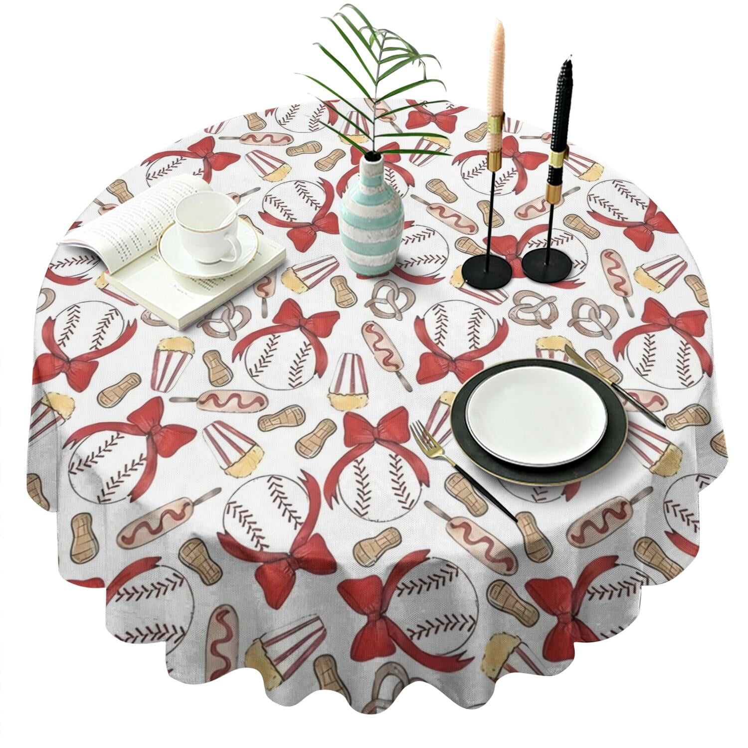 Baseball Snacks Pattern Round Tablecloth 60"x60",Wrinkle Wipeable Table ...
