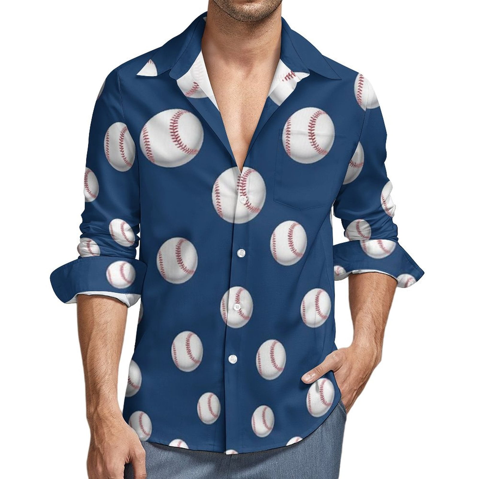 Baseball Softball Ball Hawaiian Shirt for Men Long Sleeve Button Down ...