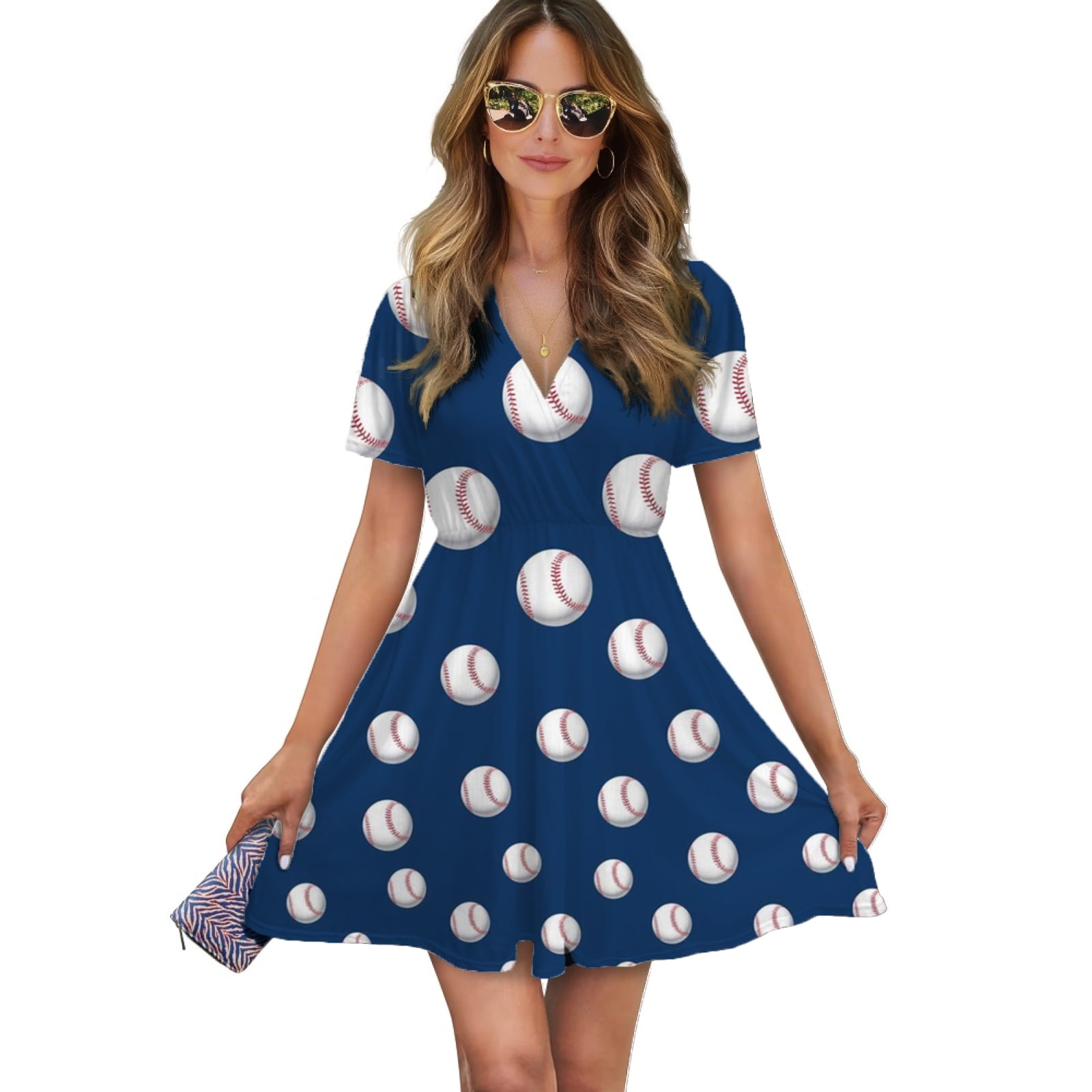Baseball Softball Ball Women Dress V-Neck Short Sleeve Flowy Swing ...
