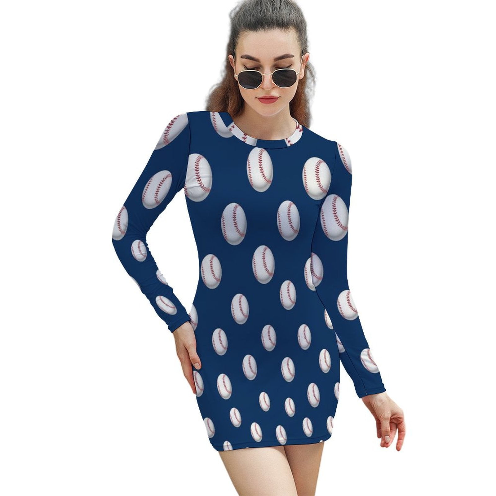 Baseball Softball Ball Women's Long Sleeve Bodycon Dress Soft Stretchy ...