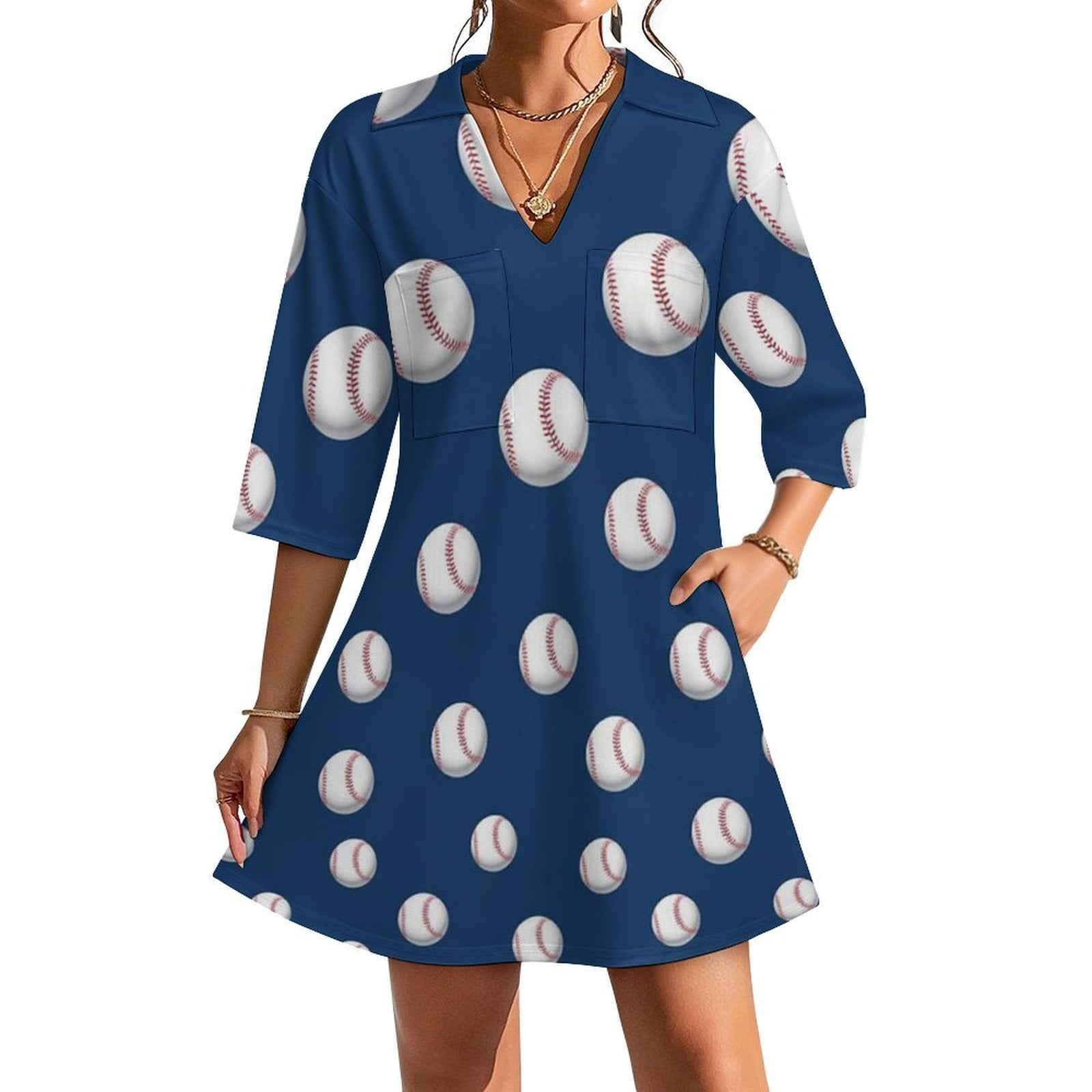 Baseball Softball Ball Womens Dress With Pockets Summer V Neck 3/4 ...