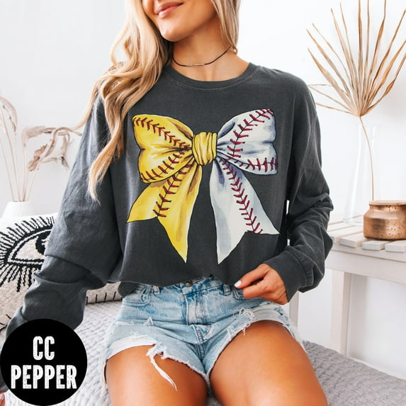 Baseball Softball Coquette Shirt Long-sleeve Softball Baseball Bow Tee ...