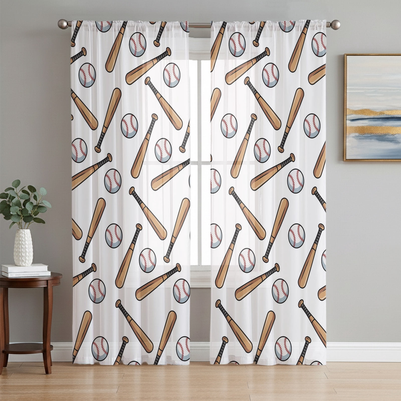 Baseball Sport Sheer Curtains for Living Room Bedroom Cartoon Classic ...