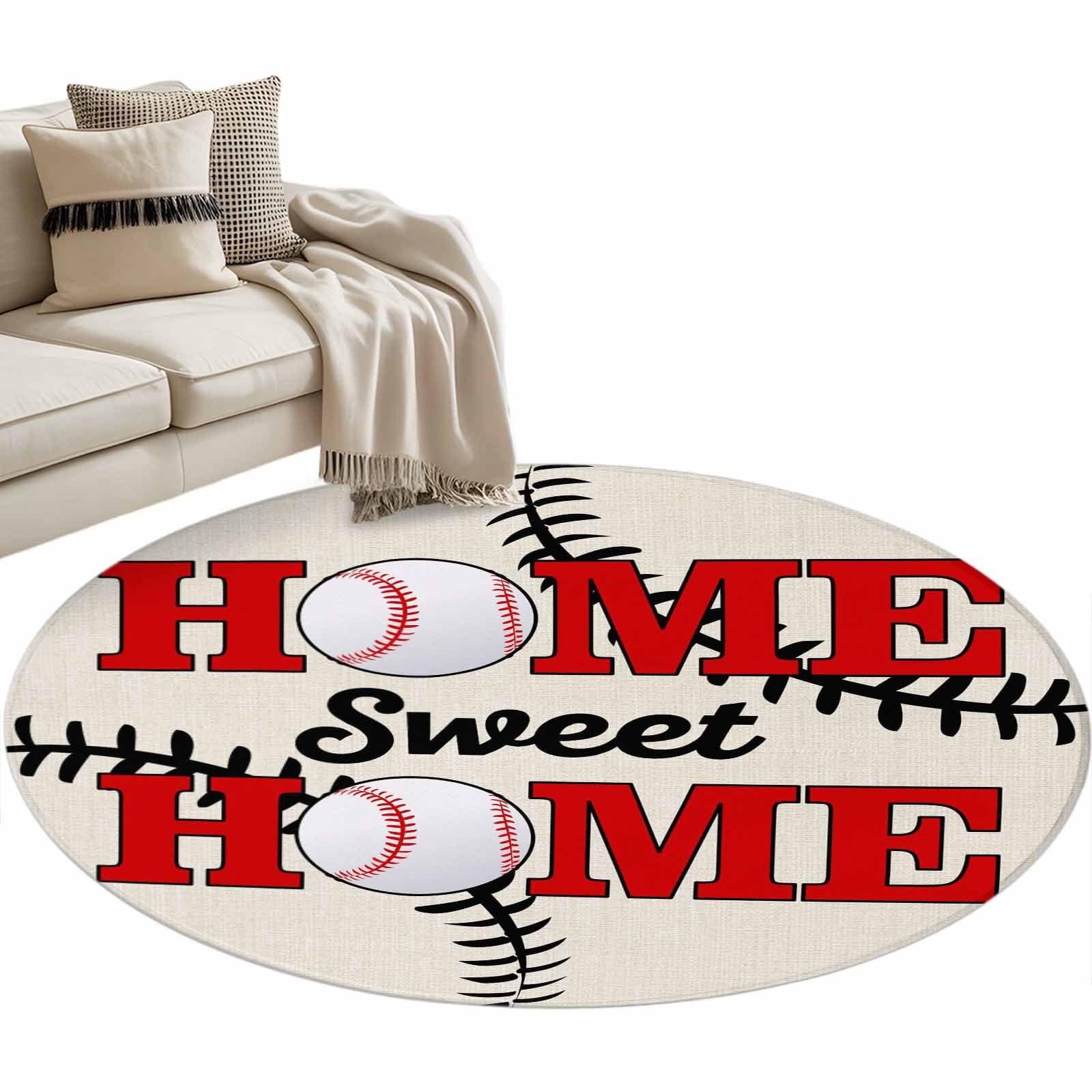 Baseball Sport Small Round Rug 3Ft Home Sweet Beige Linen Texture ...