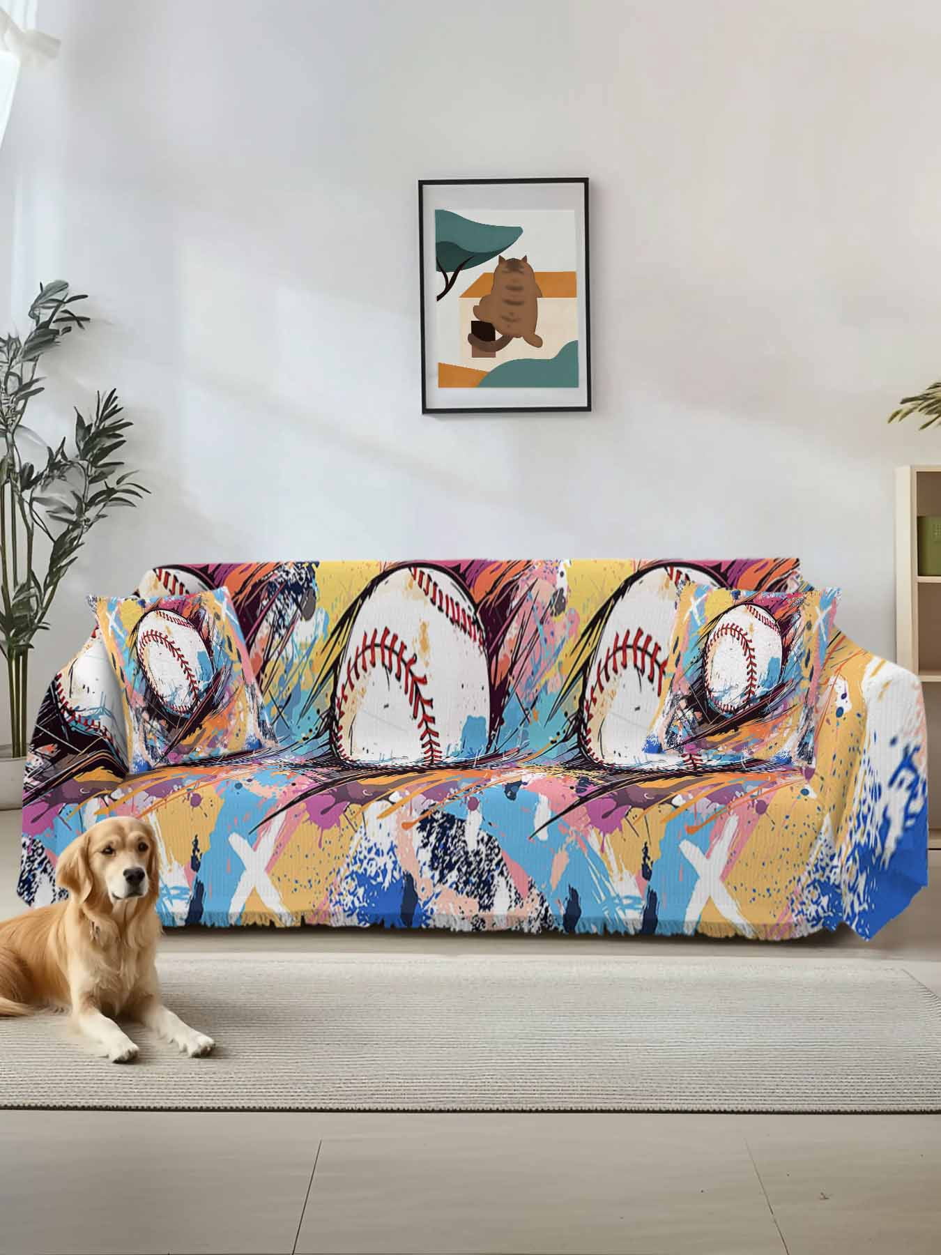 Baseball Sports, Couch Cover for 2 Cushion Sofa, Minimalist Geometric ...