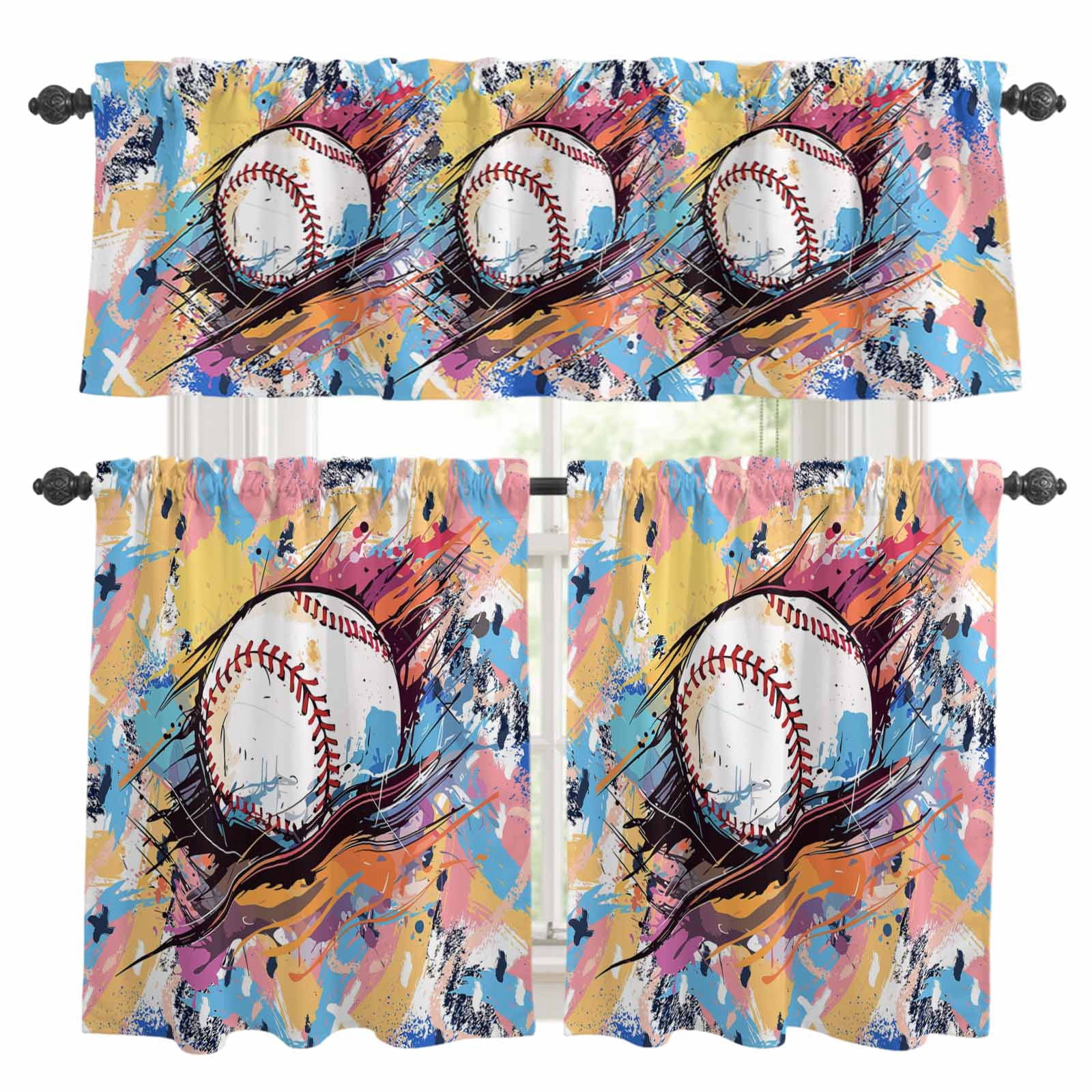 Baseball Sports Kitchen Curtains, Kitchen Curtains and Valances Set of ...