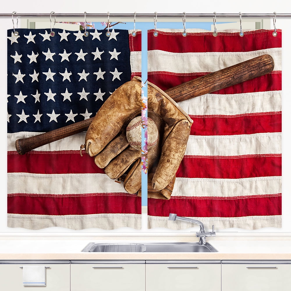 Baseball Sports Kitchen Curtains, Vintage League Equipment USA Grunge ...