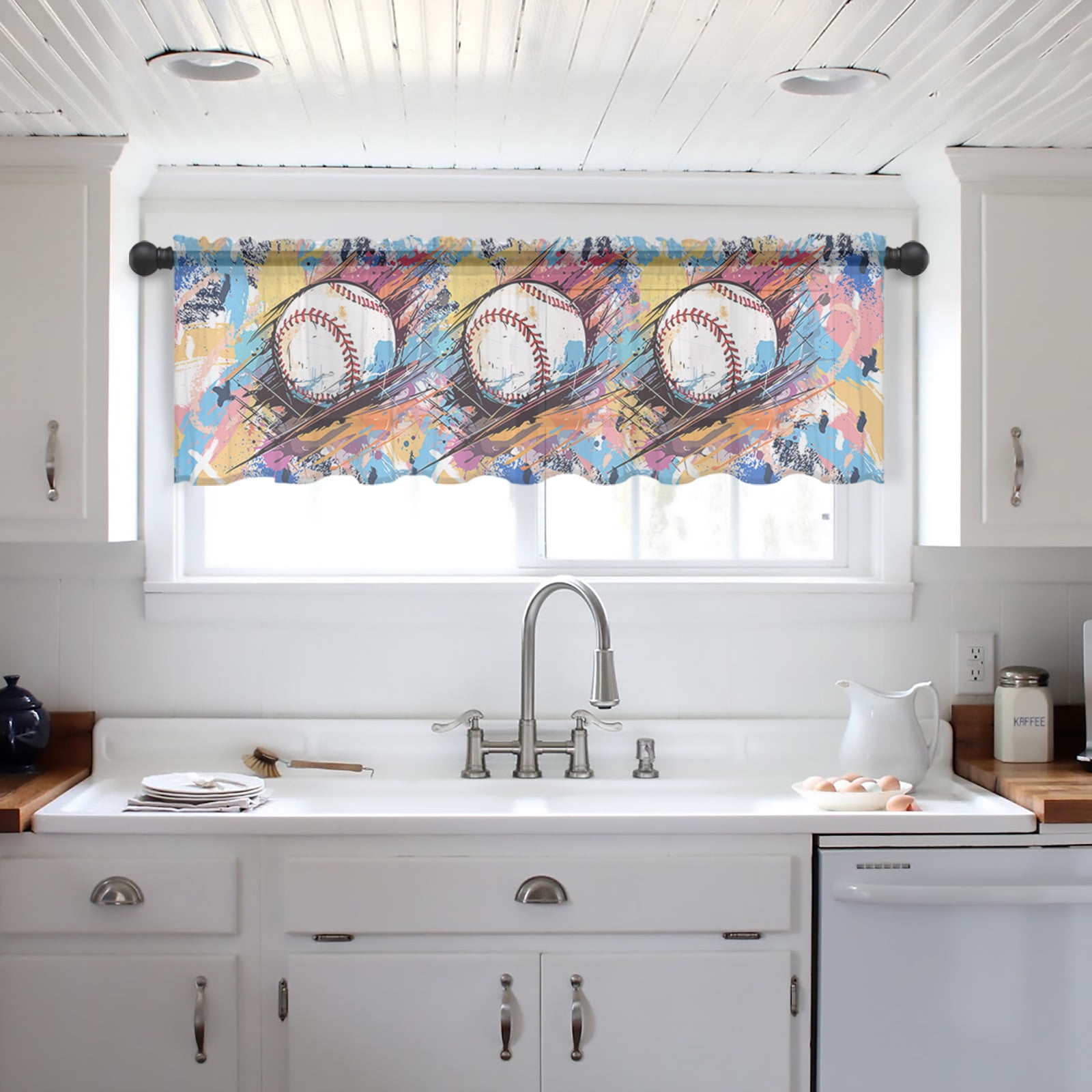 Baseball Sports Rod Pocket Small Topper Half Short Window Curtains ...