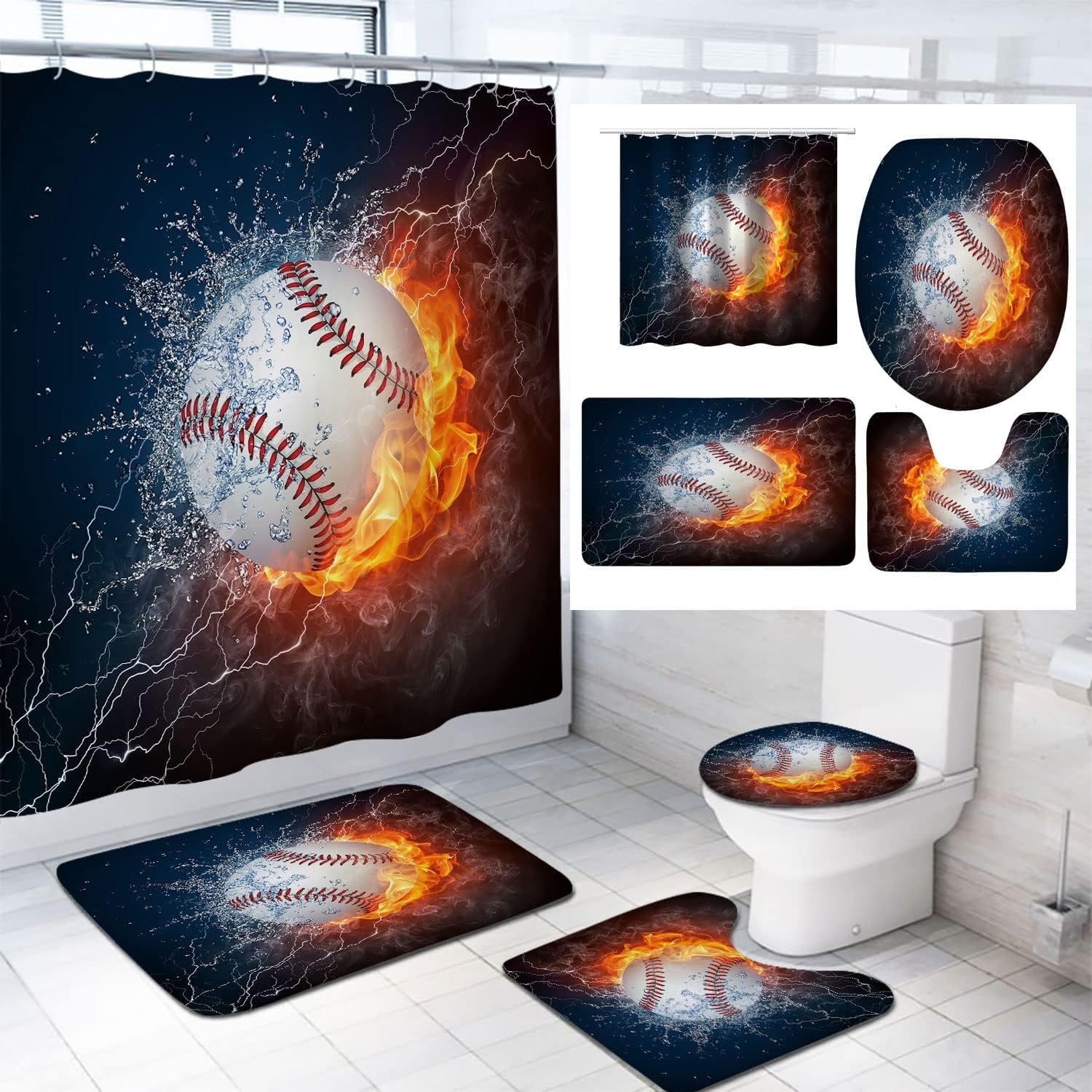 Baseball Sports Shower Curtain Set with Rugs for Bathroom Decor, Kids ...