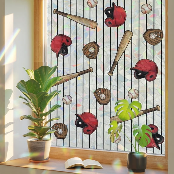 Baseball Sports Window Privacy Film Rainbow Static Cling Stain Glass ...
