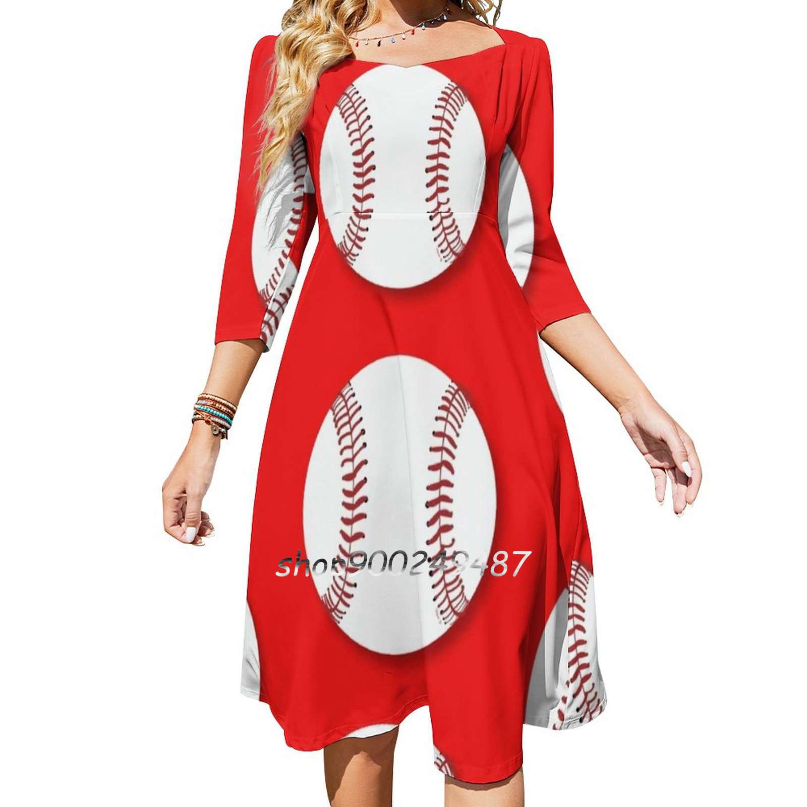 Baseball Square Neck Dress Cute Loose Print Dresses Elegant Beach Party ...