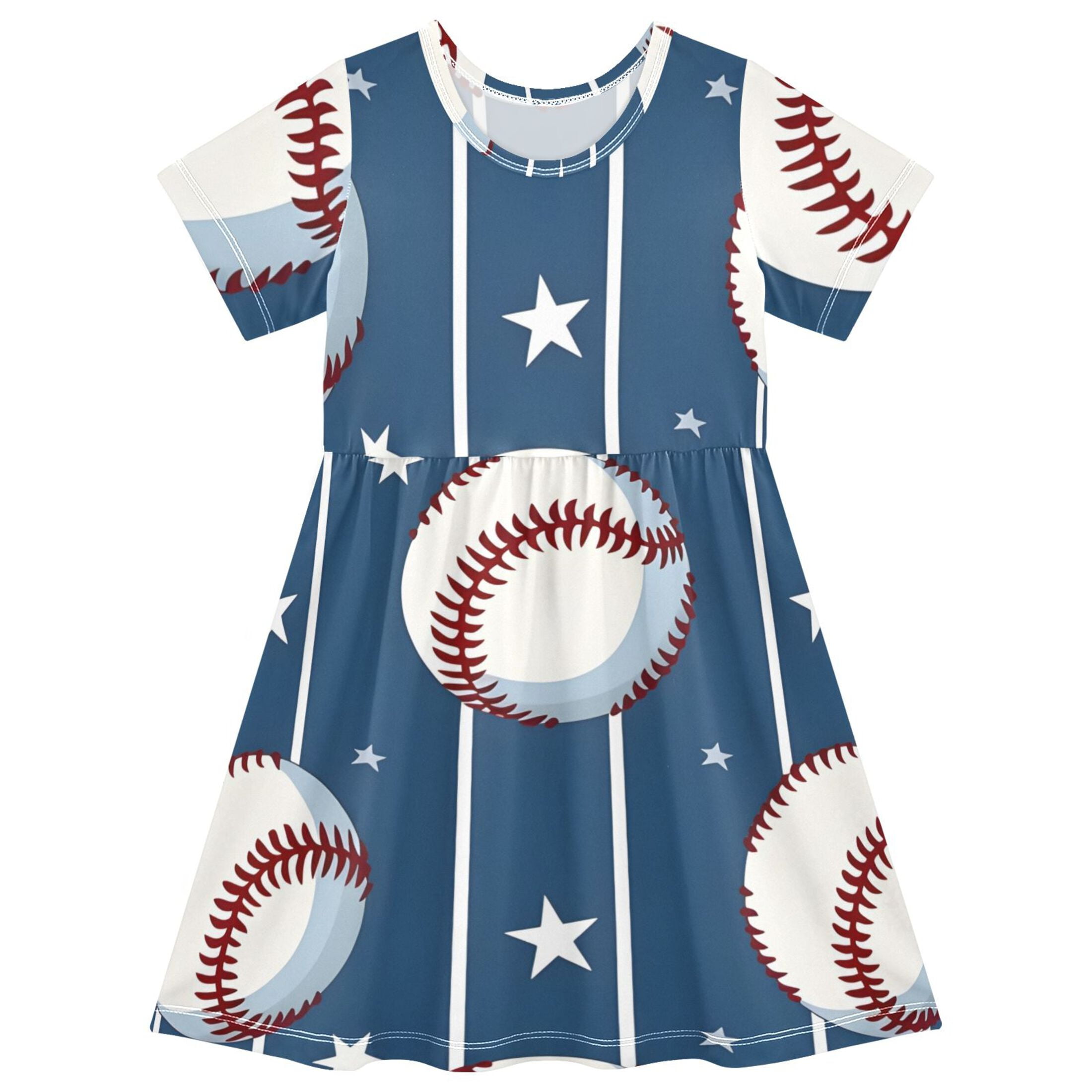 Baseball Stars Stipes Girls' Short Sleeve Dress A-Line One-Piece Dress ...