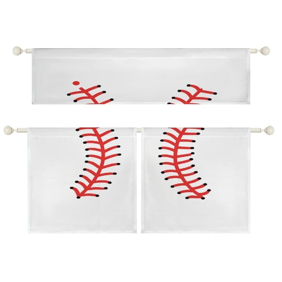 Baseball Stitch Pattern Red 3-Piece Kitchen Curtain Set - Tier Valance ...