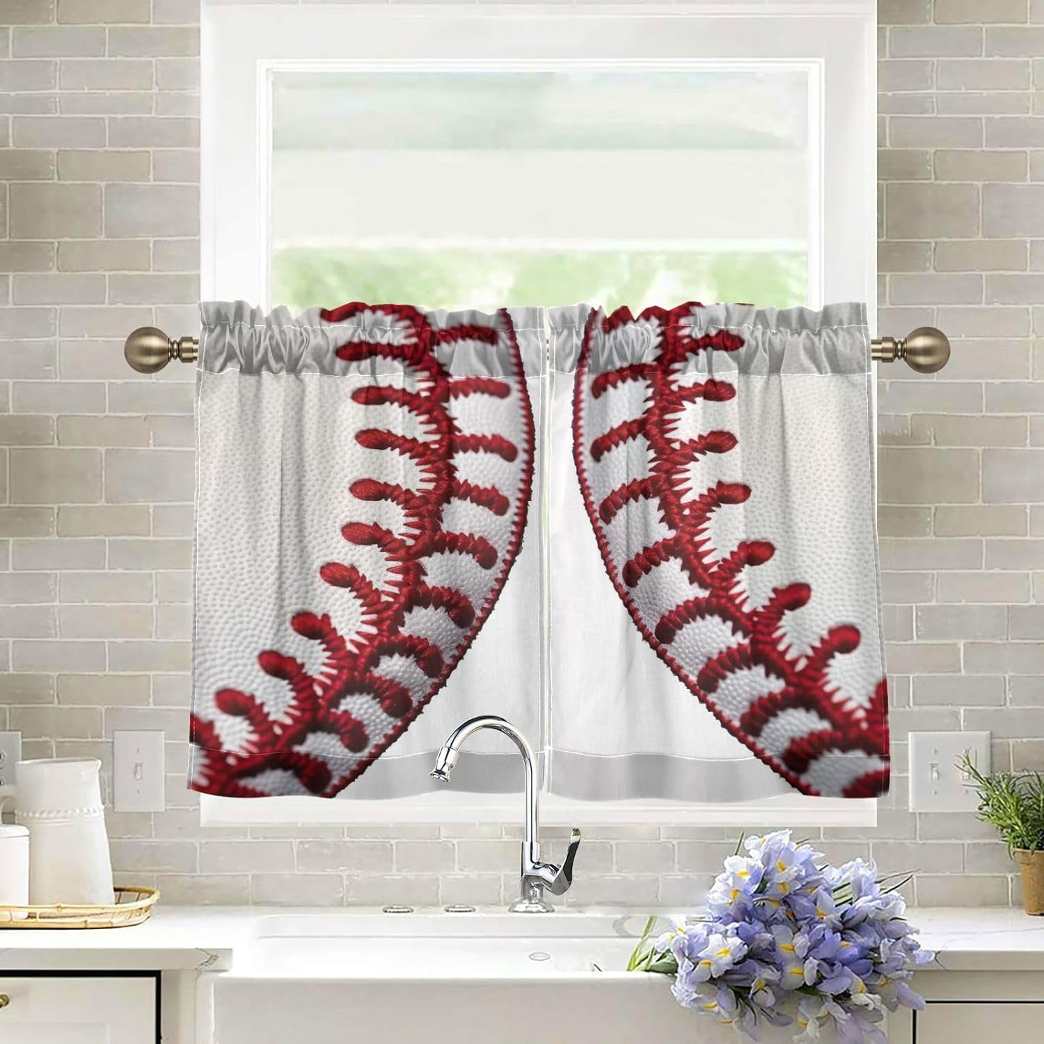 Baseball Stripes Half Window Tier Curtains 36 Inch Blackout Thermal ...