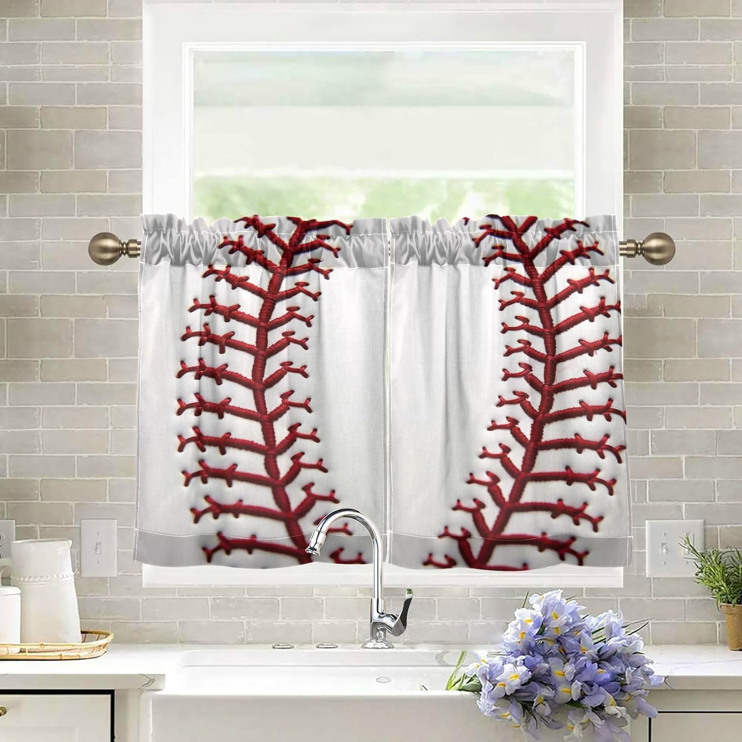 Baseball Stripes Half Window Tier Curtains 36 Inch Blackout Thermal ...