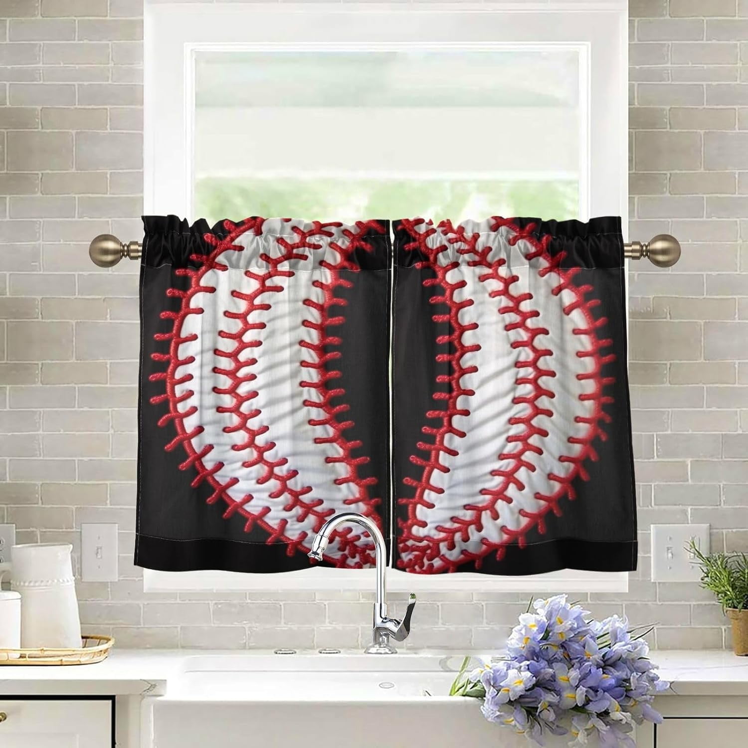 Baseball Stripes Half Window Tier Curtains 36 Inch Blackout Thermal ...