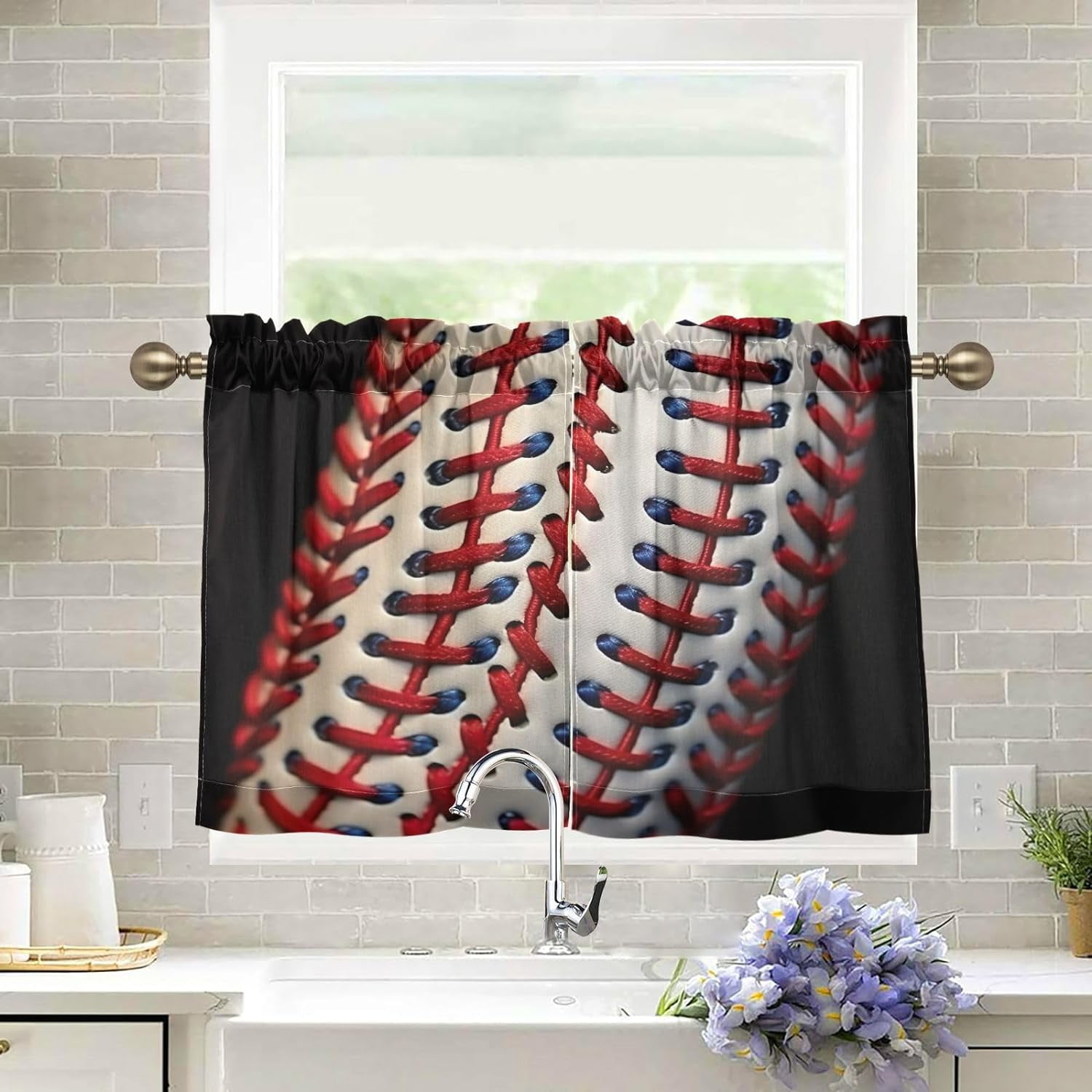 Baseball Stripes Half Window Tier Curtains 36 Inch Blackout Thermal ...