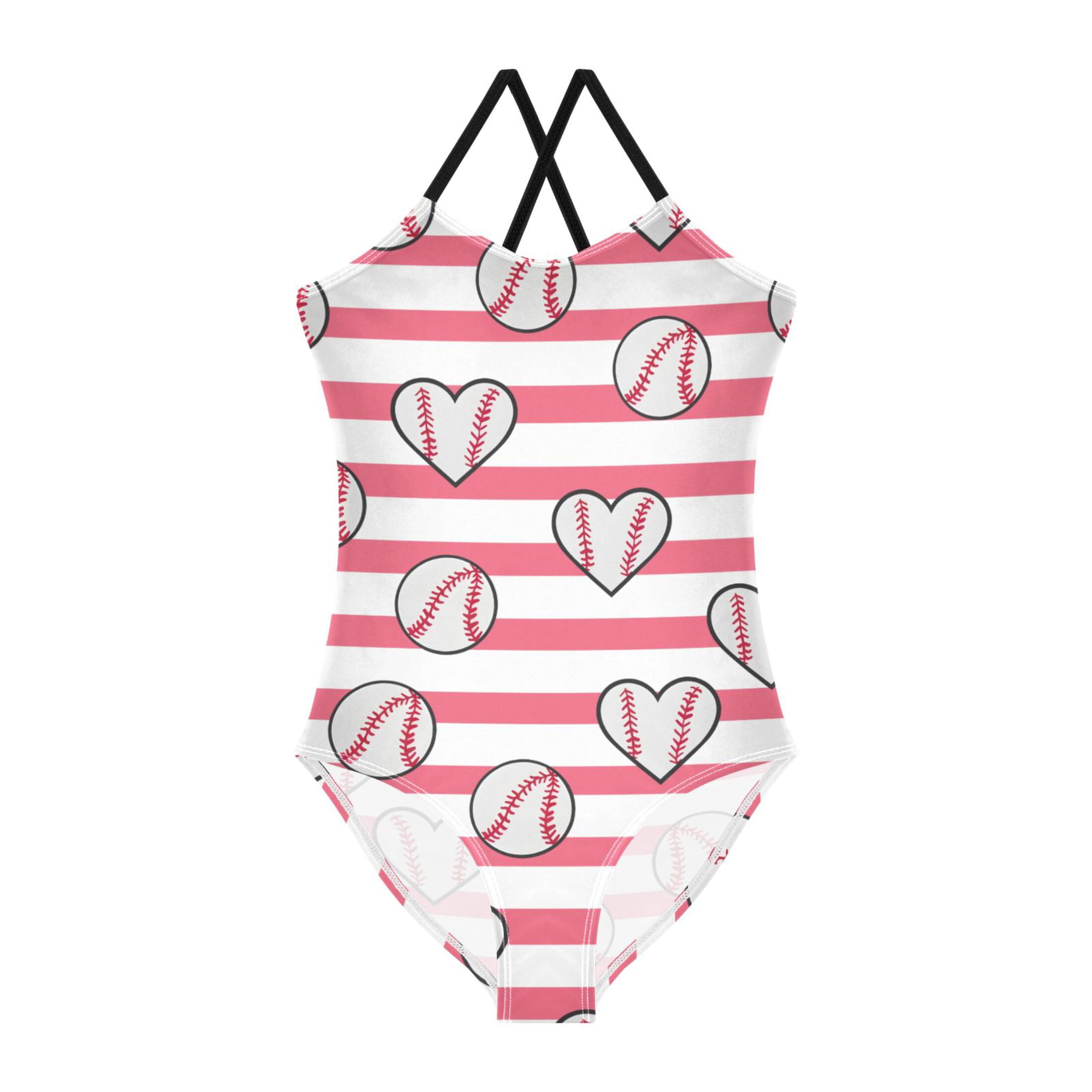 Baseball Stripes Pattern Girls' One-Piece Swimwear 3T-10T Soft Stretchy ...