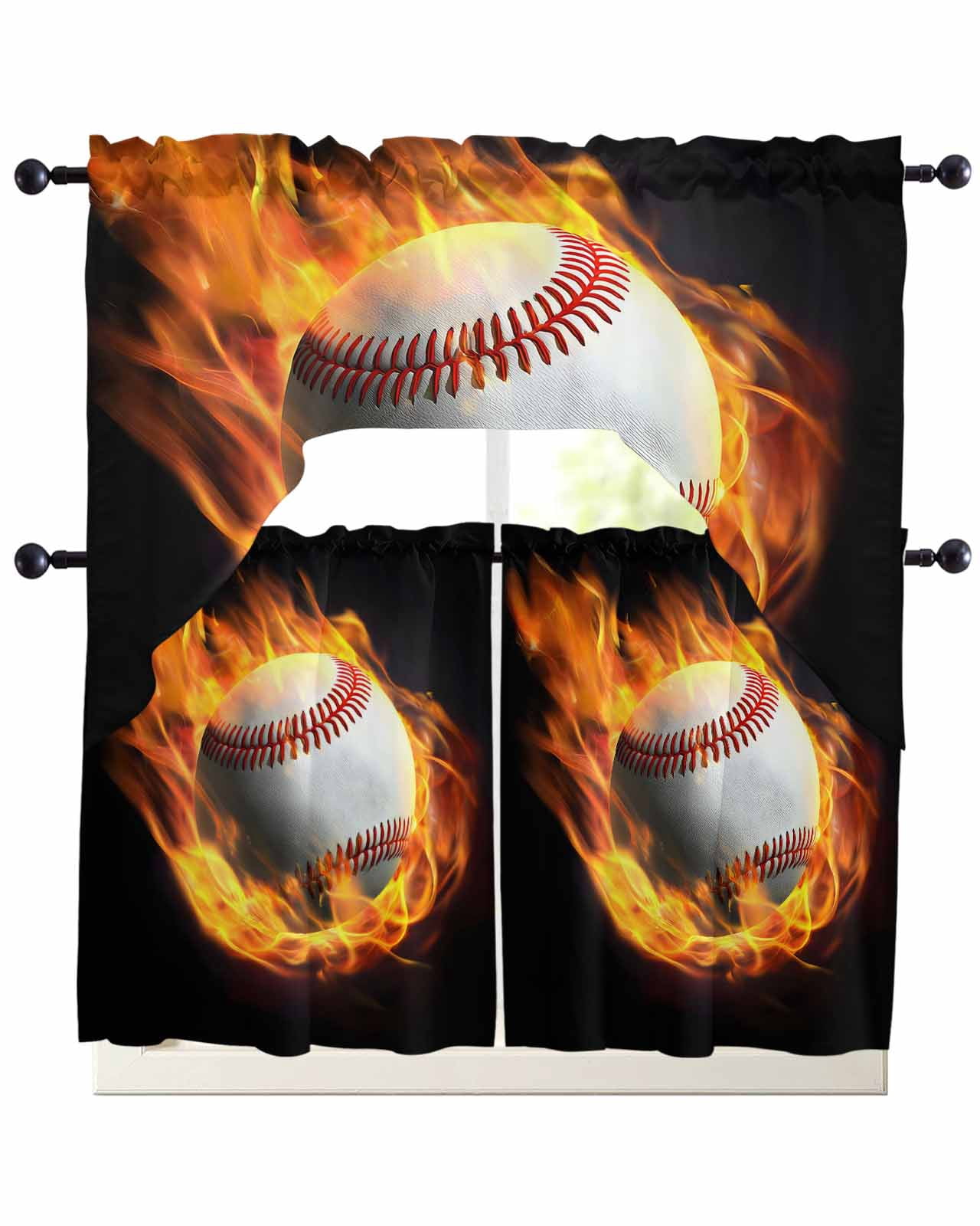 Baseball Swag Kitchen Curtains Sets for Windows 24 Inch Length, Modern ...