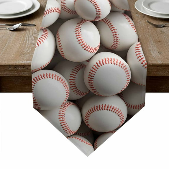Baseball Table Runner Linen Burlap Table Runner 90 Inches Long White ...
