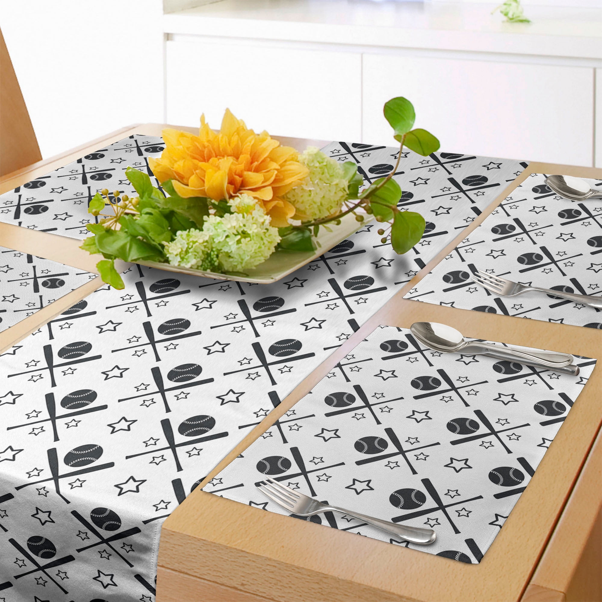 Baseball Table Runner & Placemats, Stars Bats and Balls Silhouettes of ...