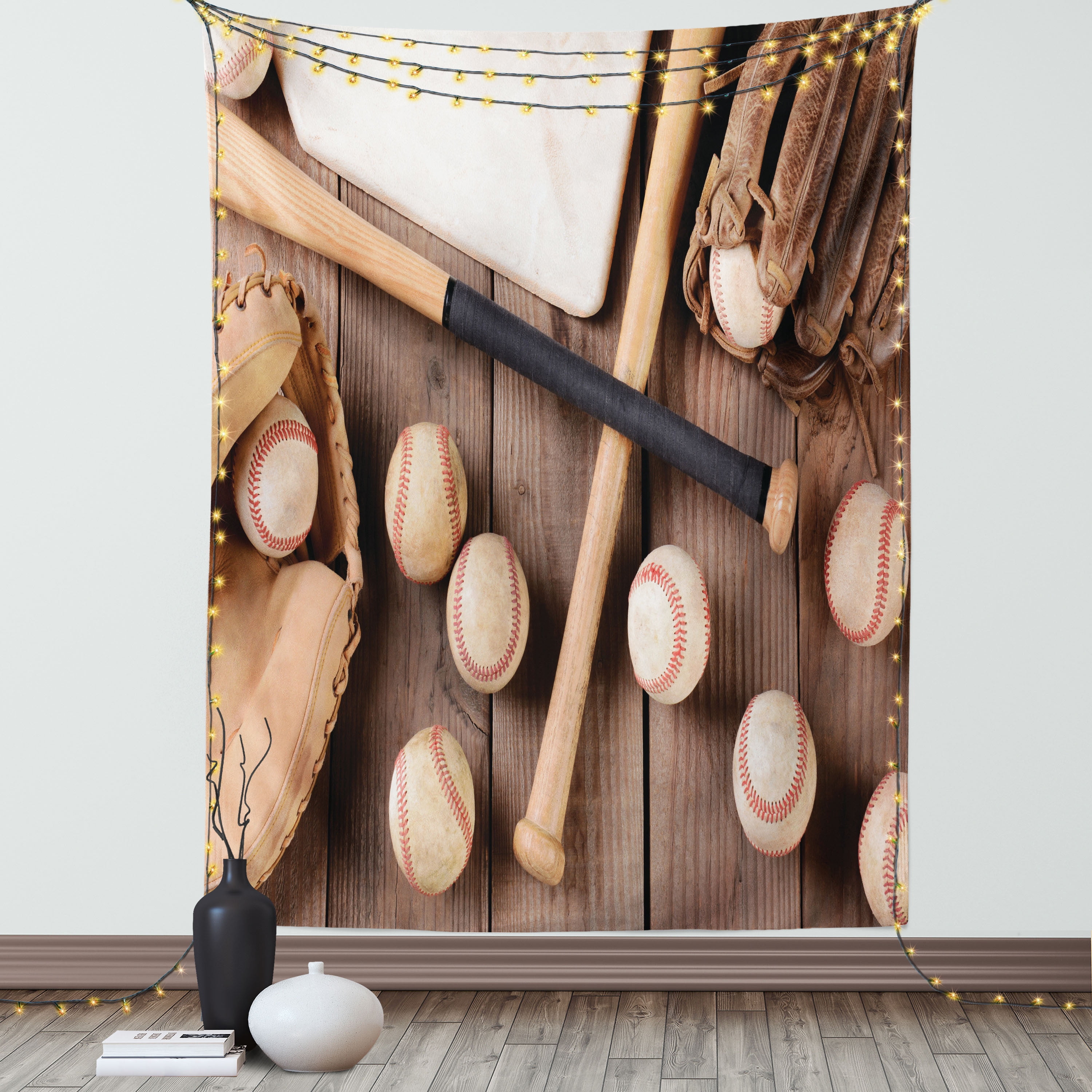 Baseball Tapestry, Bats Balls and Gloves on Rustic Wooden Table Team ...