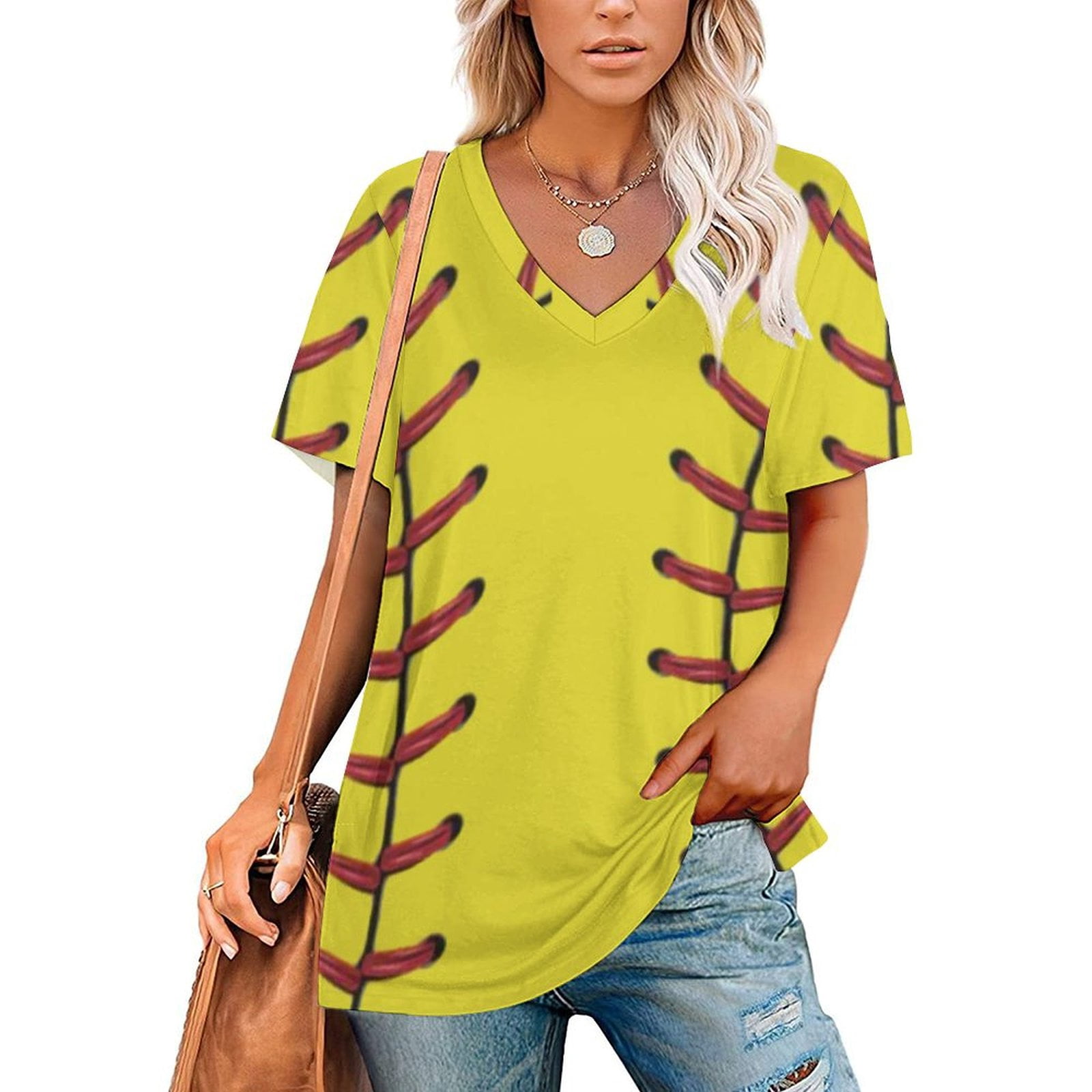 Baseball Texture Fashion Female T-Shirt Short Sleeve Lady V Neck ...