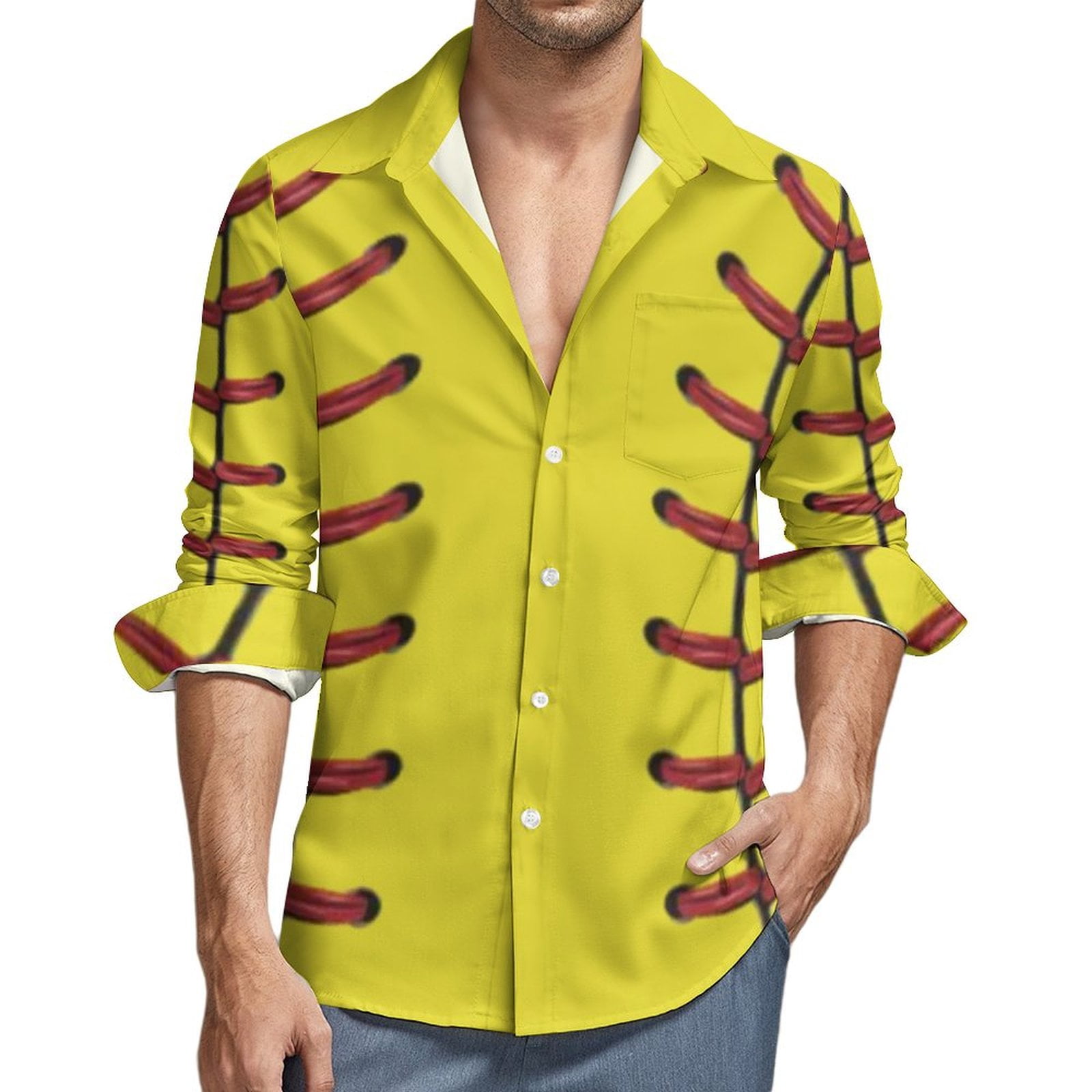 Baseball Texture Hawaiian Shirt for Men Long Sleeve Button Down Beach ...