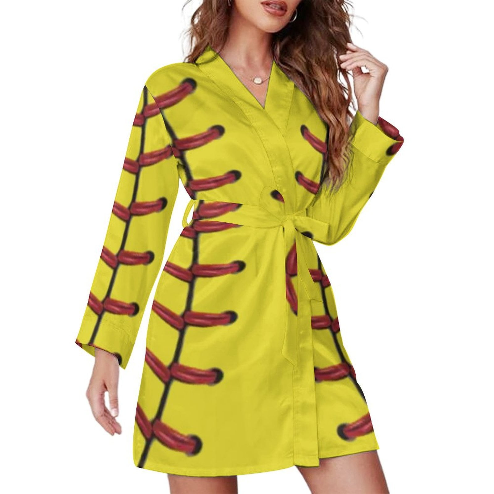 Baseball Texture Night Robe Long Sleeve V Neck Robe With Belt Women's ...
