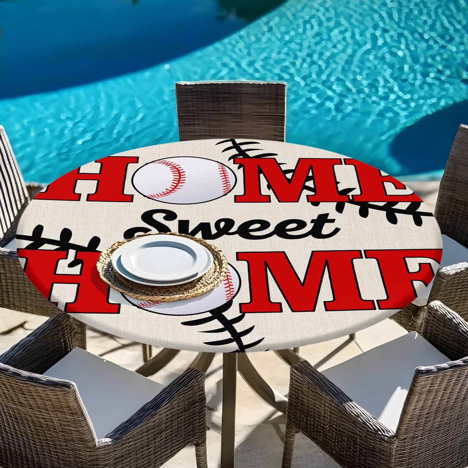 Baseball Texture Sweet Home Text Round Fitted Tablecloth with Elastic ...