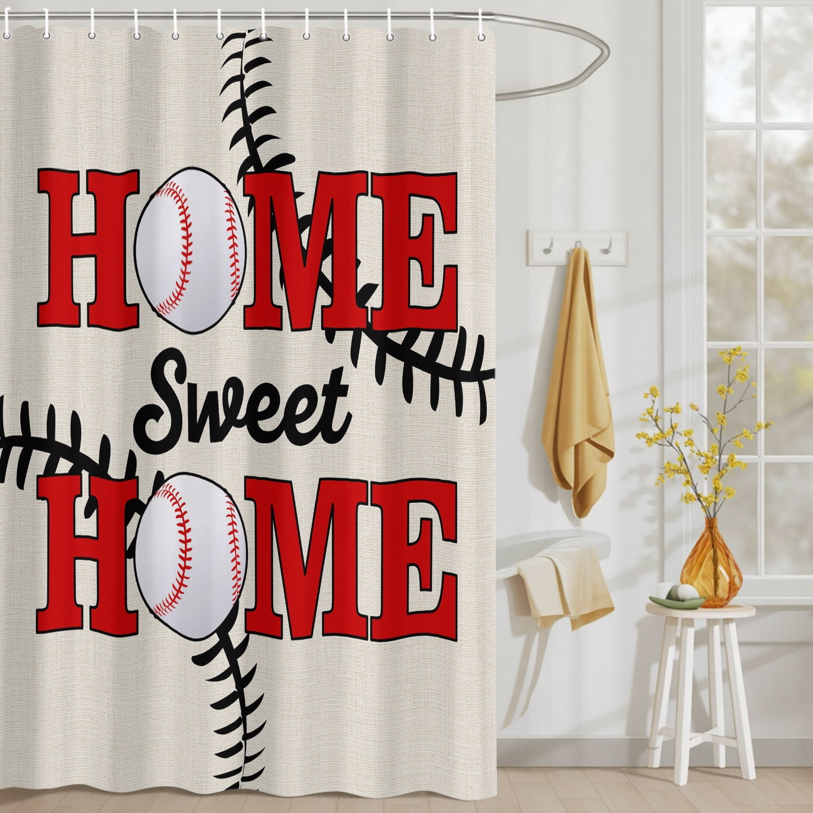 Baseball Texture Sweet Home Text Shower Curtain Set, Waterproof Shower ...