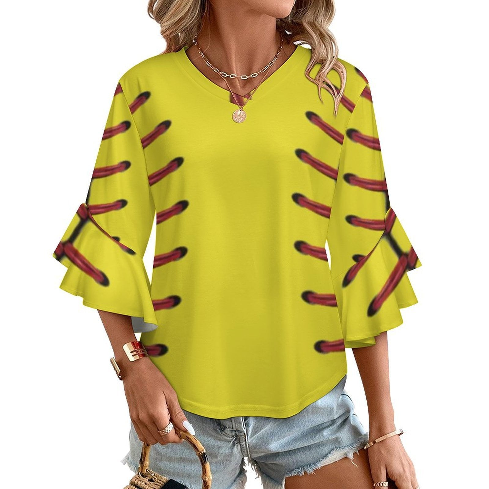 Baseball Texture Women's V-Neck Blouse With 3/4 Ruffled Bell Sleeves ...
